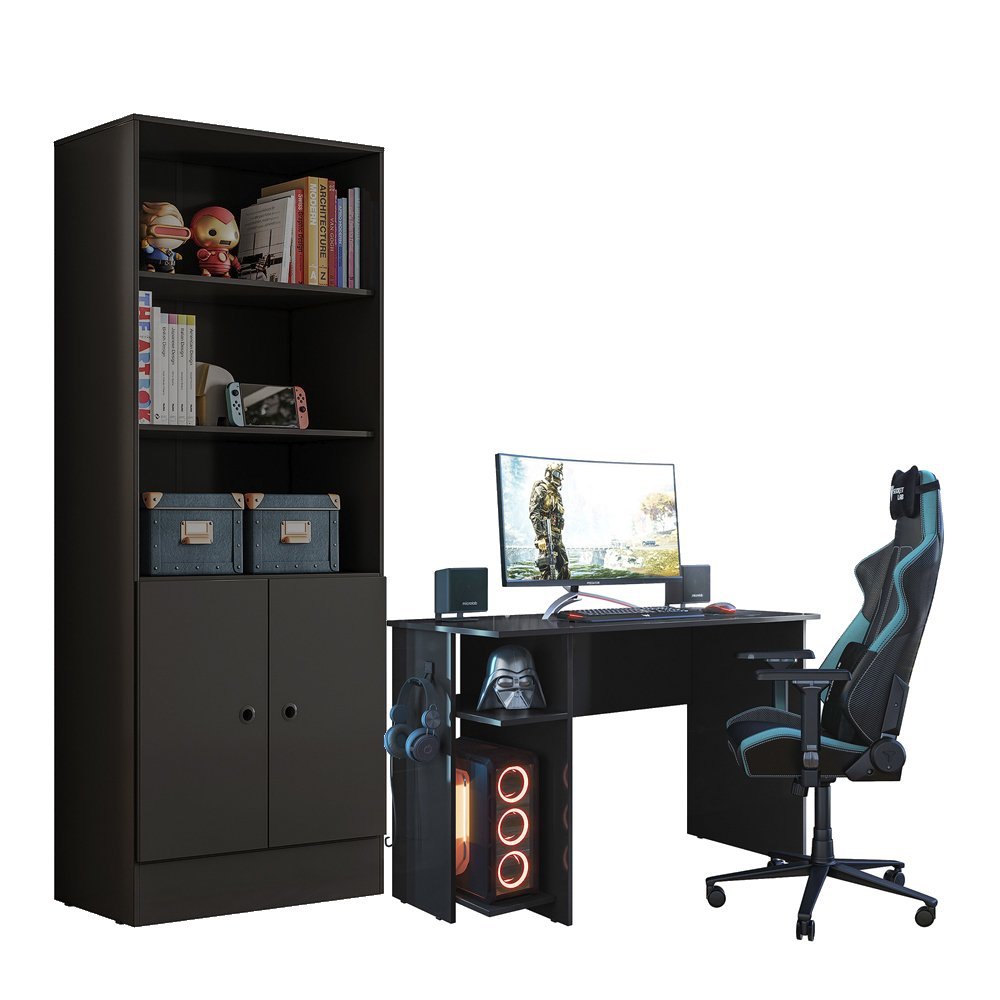 Conjunto Livreiro e Mesa Gamer Qmovi Preto | MadeiraMadeira