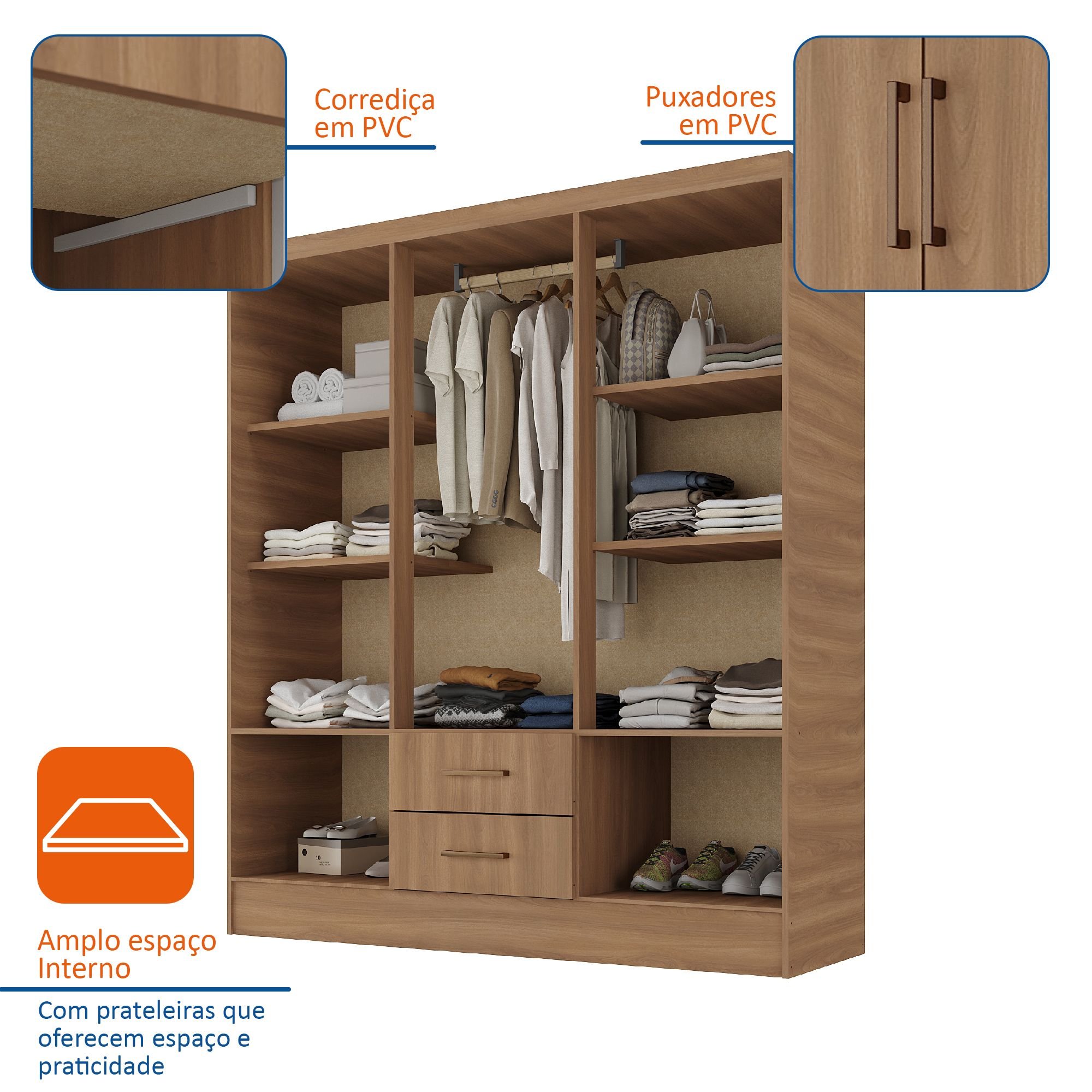 Guarda-Roupa Casal 6 Portas 2 Gavetas 8 Prateleiras 1 Cabideiro ...