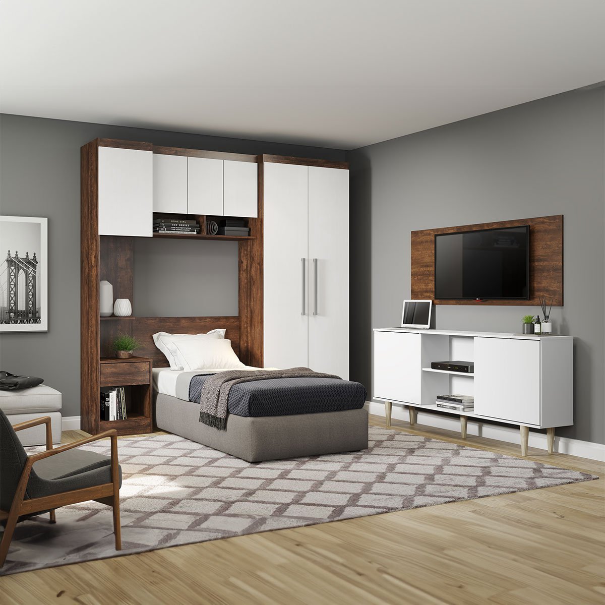 Kit Quarto Completo Modulado Selene com Rack Painel TV 210x218Cm 6 ...