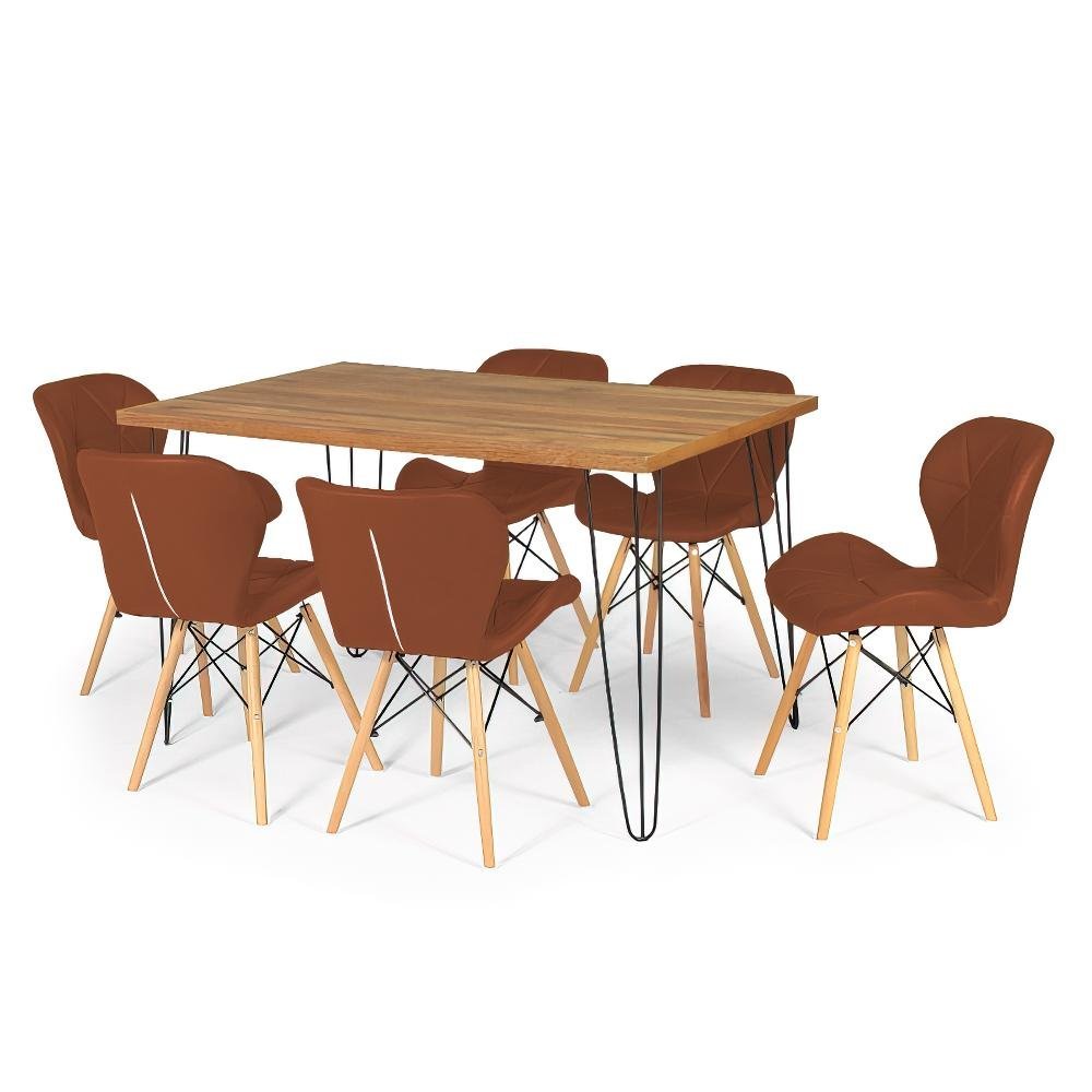 Conjunto Mesa de Jantar Hairpin 130x80 Natural com 6 Cadeiras Eiffel ...