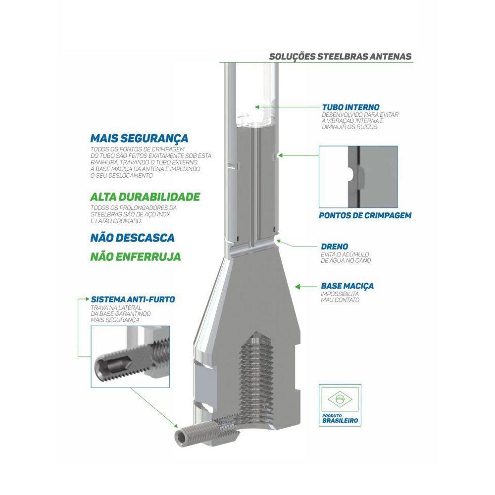 Prolongador Alongador Inox 60cm Haste Vareta Maria Mole + Cabo Coaxial ...