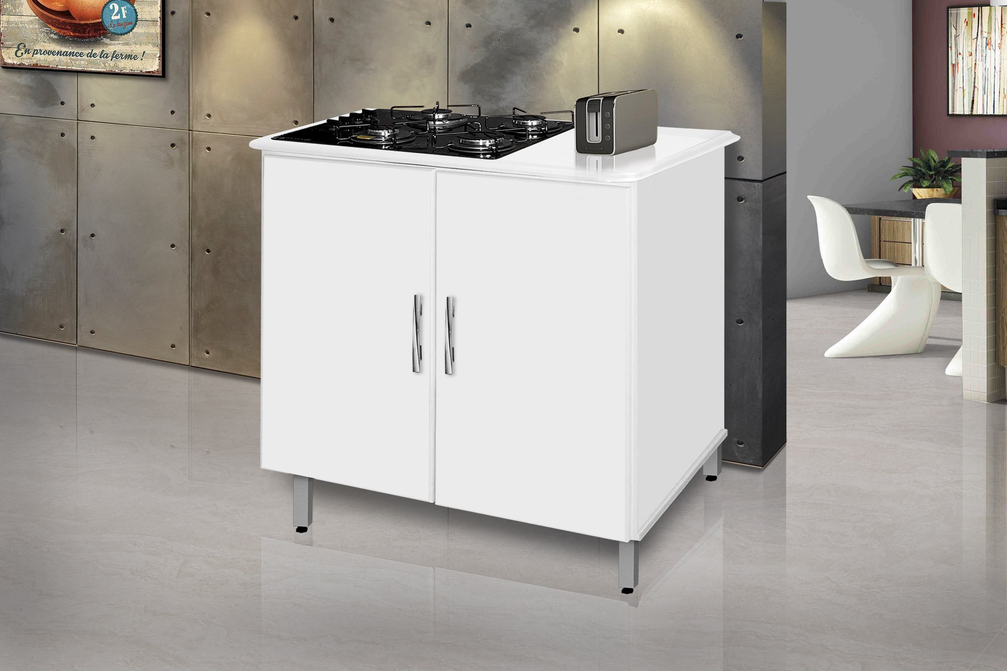 Balcão de Cozinha Bancada com 2 Portas Cooktop Luanda Cor:Branco | MadeiraMadeira