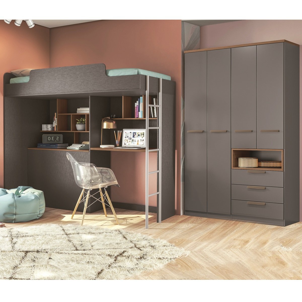Conjunto Quarto Grafite/jatobá Guarda-roupa 4 Portas, Módulo Office C ...