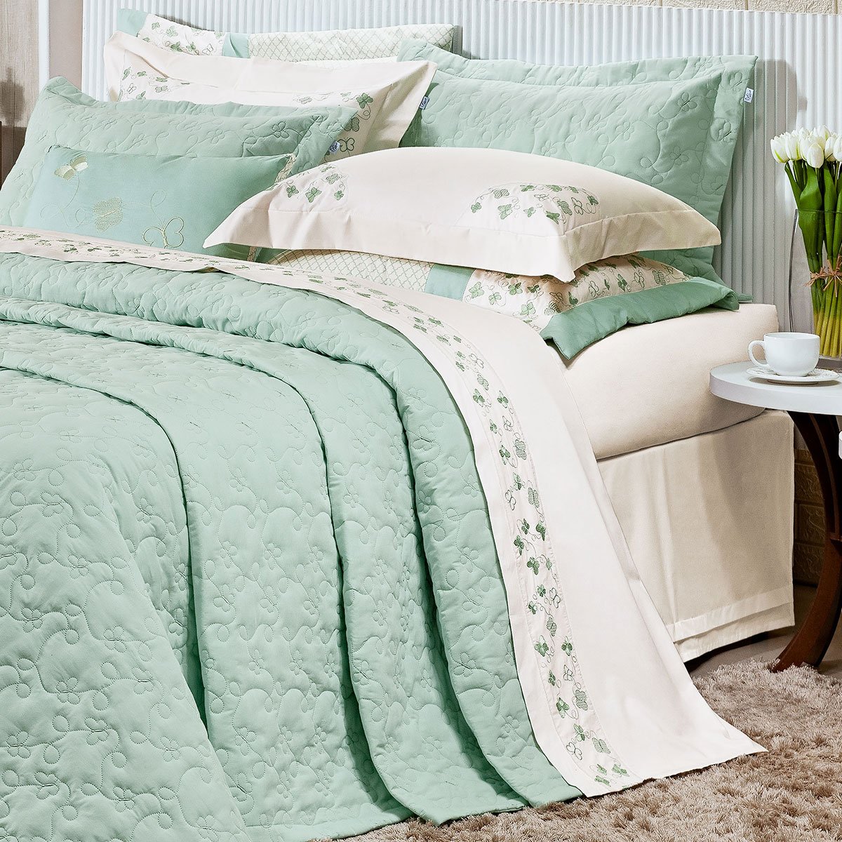 Colcha Verde Solteiro Clara 200 Fios 100% Algodão + Jogo de Cama - 7 ...