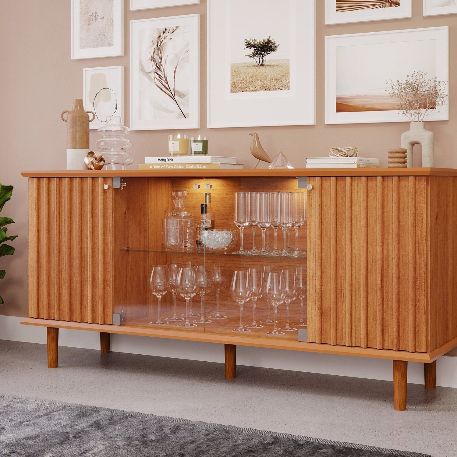 Buffet de Sala de Jantar 4 Portas com LED e Pés em Madeira Maciça ...