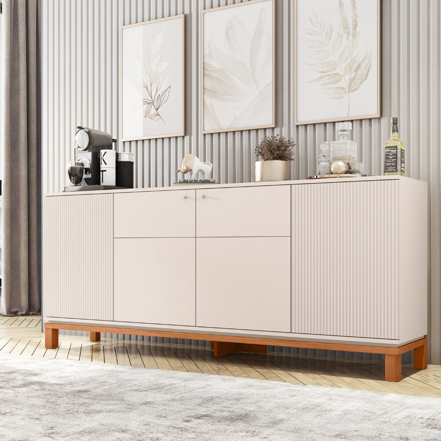 Buffet para Sala de Jantar 4 Portas Mondrian Bege/Off White/Freijó ...