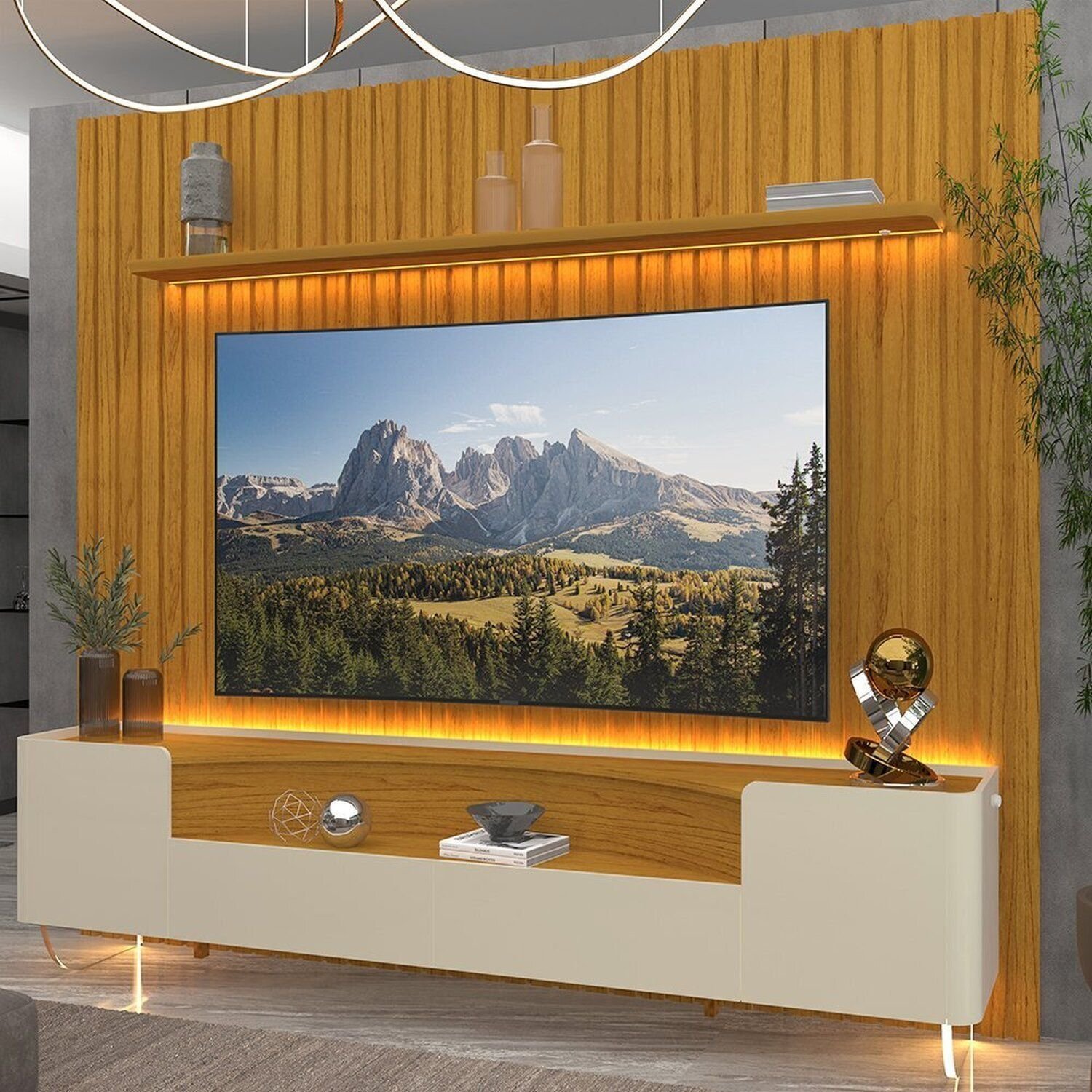 Rack com Painel Ripado para Tv até 85 Polegadas Led Pés Vidro Nobre/infinity 230cm 100% MDF ...