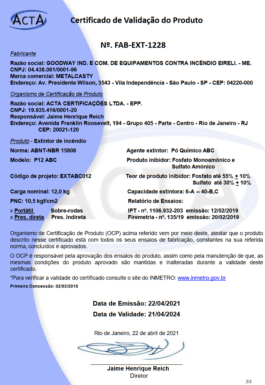 EXTINTOR PORTÁTIL CARREGADO DE PÓ QUÍMICO SECO ABC 12 KG METALCASTY ...