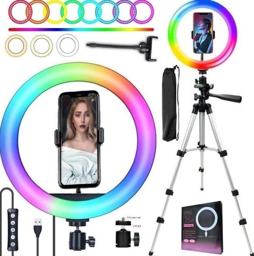 Iluminador Ring Light Luz Led Colorida Grande Rgb + Tripé | MadeiraMadeira