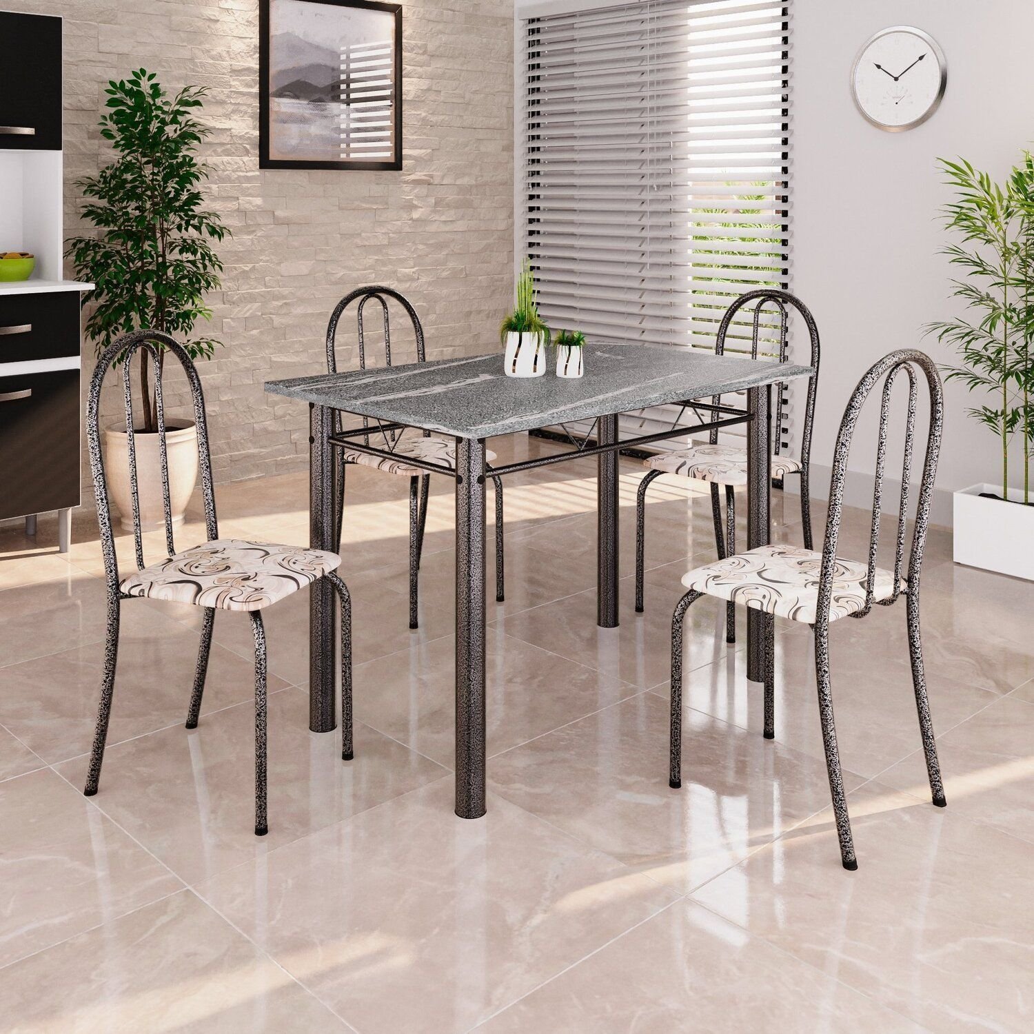 Conjunto de Mesa Tubular 100cm x 60cm Tampo em Granito com 4 Cadeiras ...