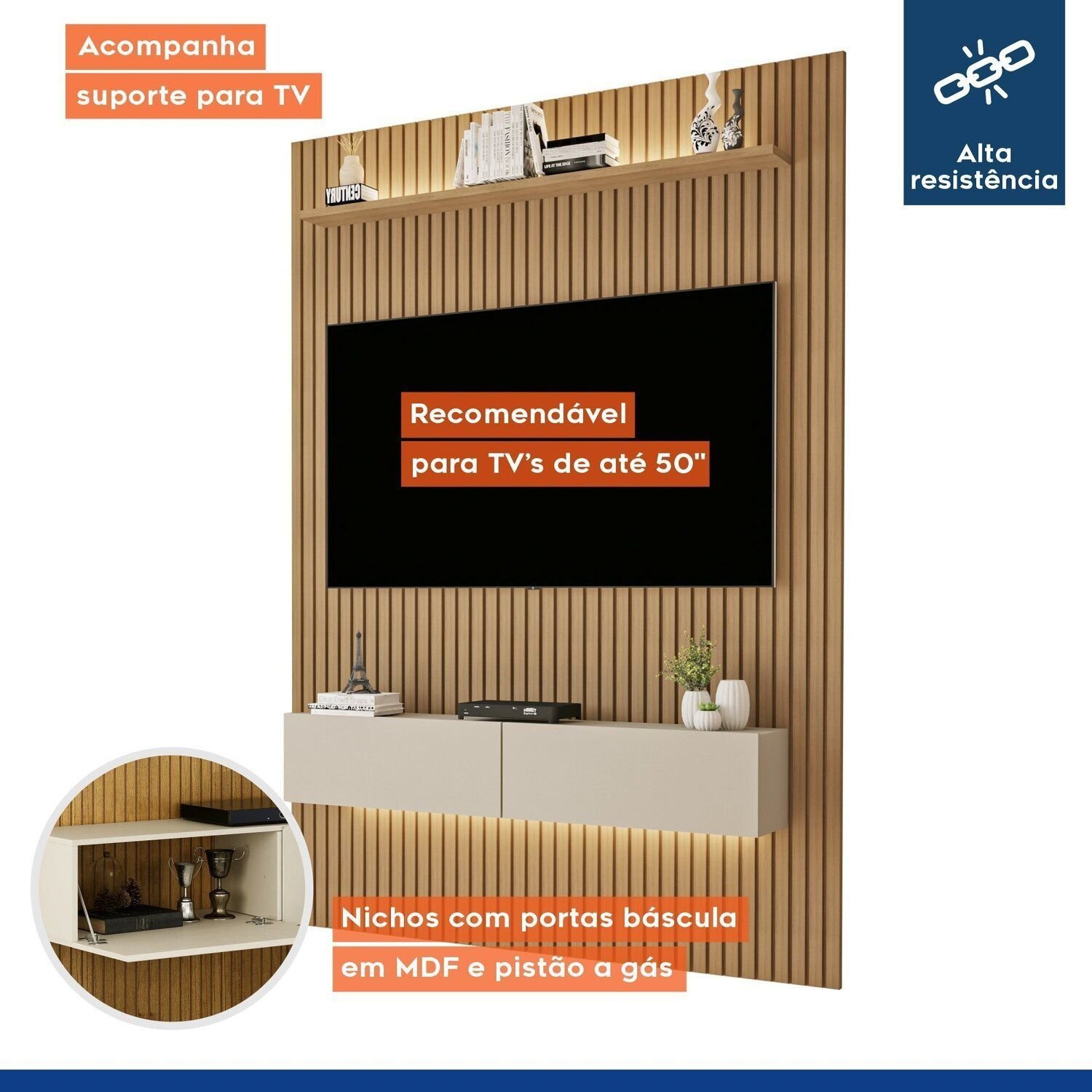 Painel para Tv até 50 Polegadas Frisado em MDF com Led Duplo 134,4cm Curitiba | MadeiraMadeira