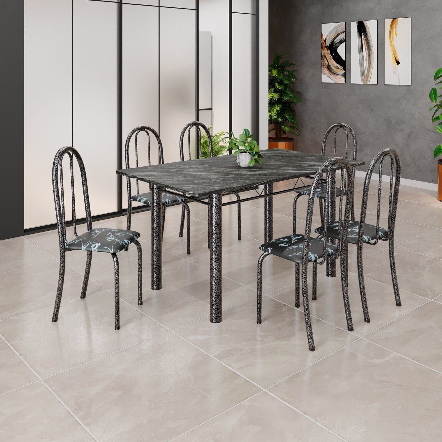 Conjunto de Mesa Tubular 140x75cm Tampo em Ardósia Indiano com 6 ...