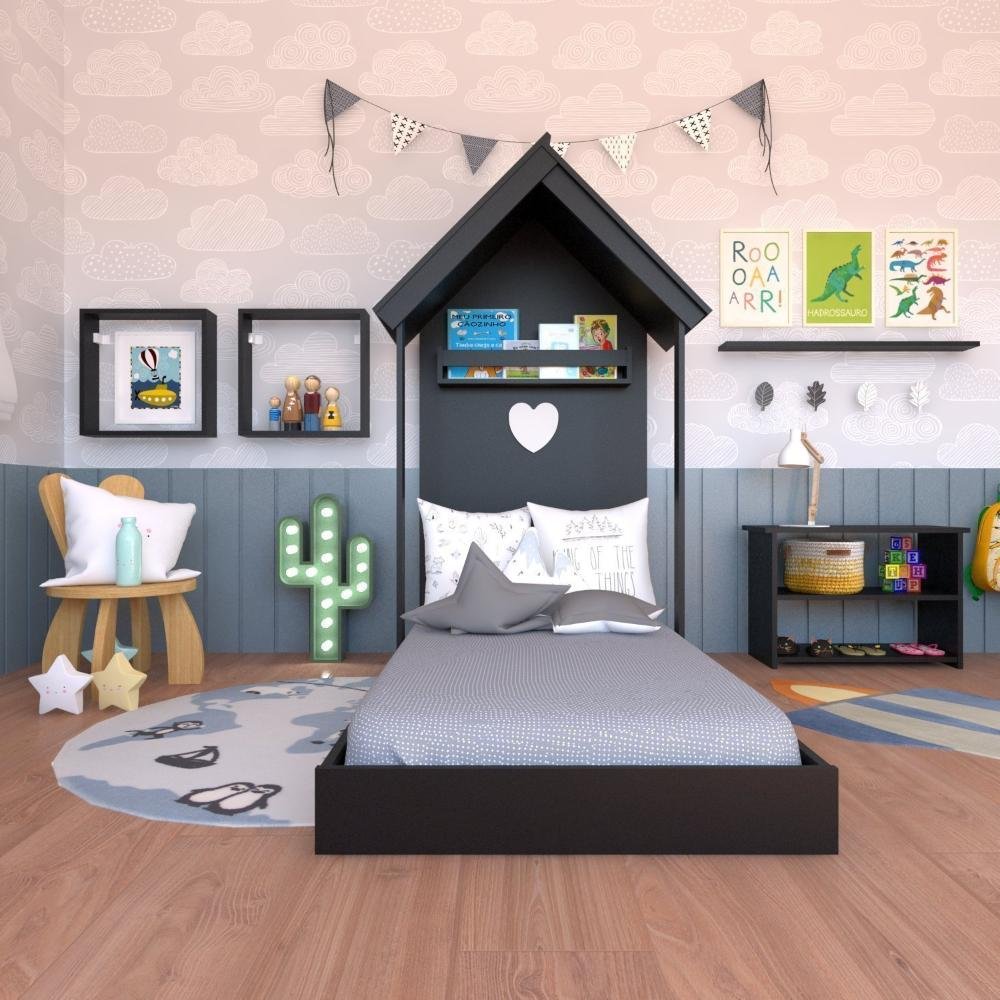 Quarto Infantil Cama Banqueta 2 Nicho e Prateleira Preto | MadeiraMadeira