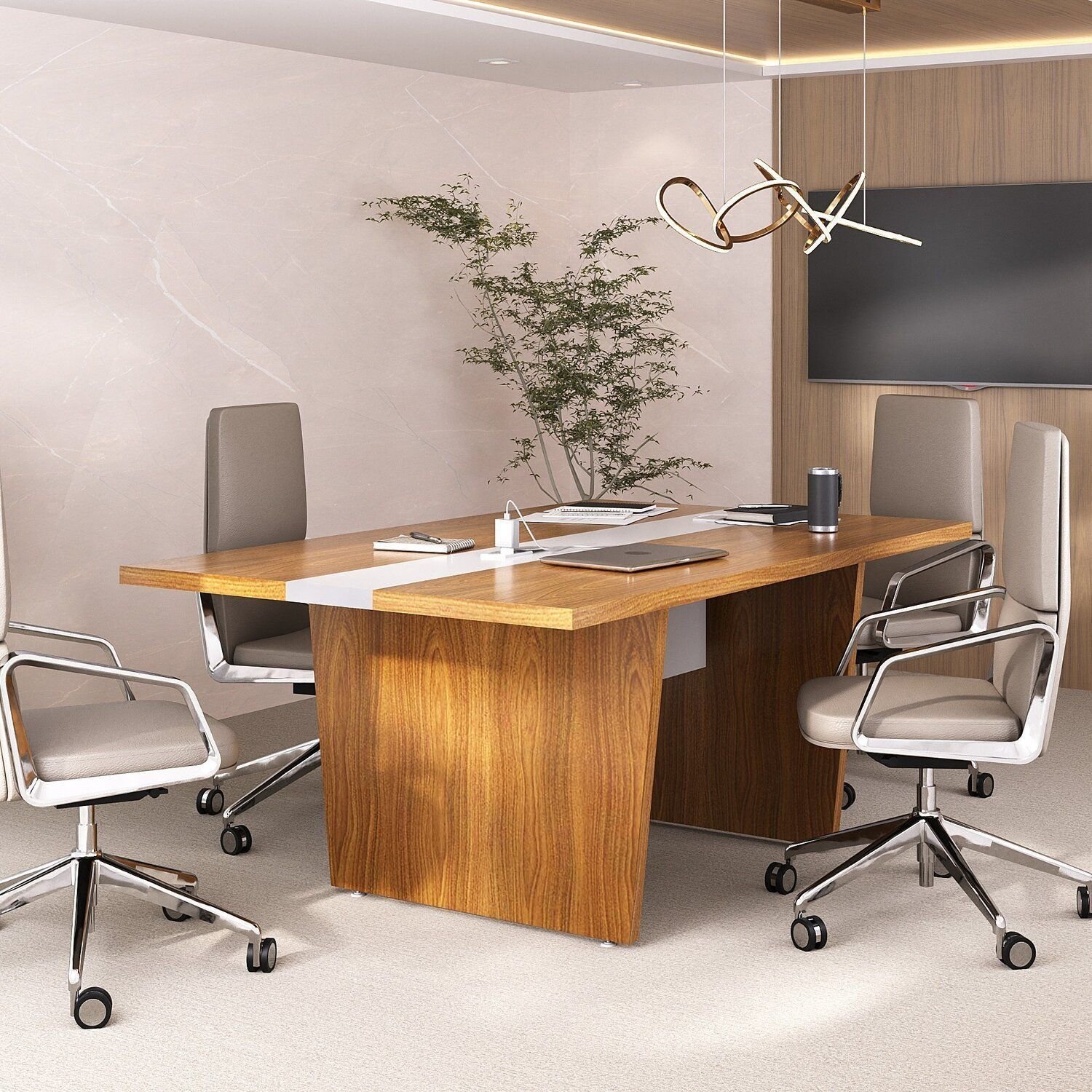 Mesa de Reunião 6 Lugares com Caixa de Tomada Tampo em Tamburato ...