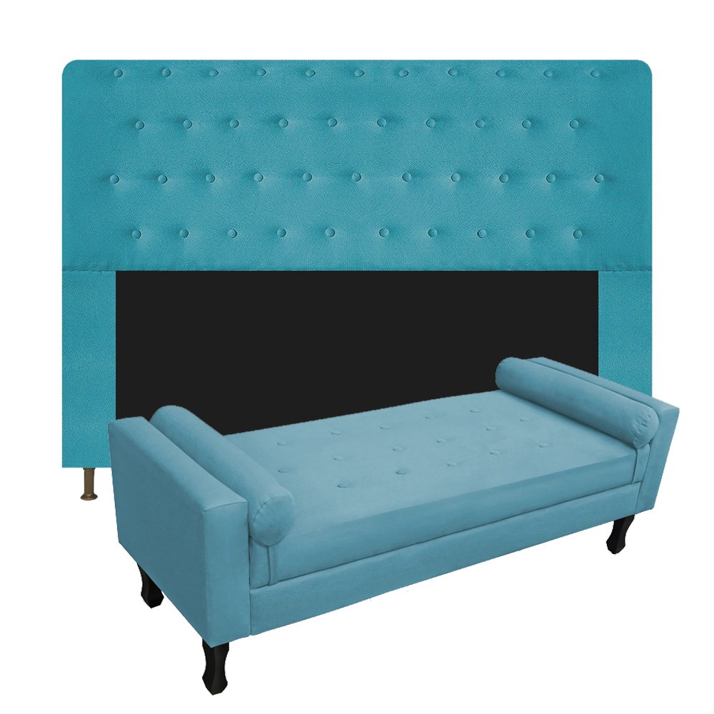 CONJUNTO CABECEIRA KING 195CM BRENDA + RECAMIER FÉLIX 195CM SUEDE AZUL ...