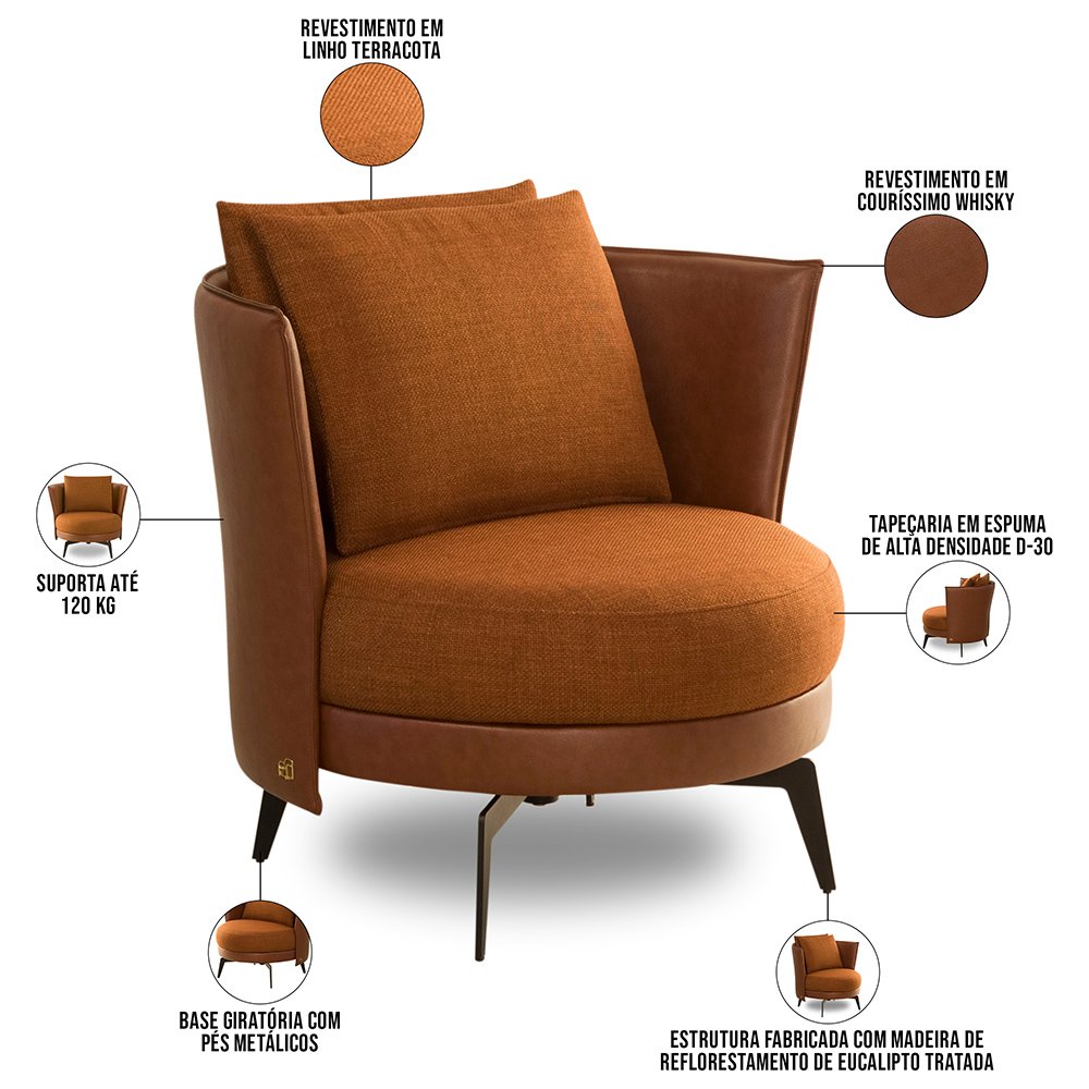 Poltrona Giratória Orgânica para Sala Living Ella T03 Linho Terracota ...