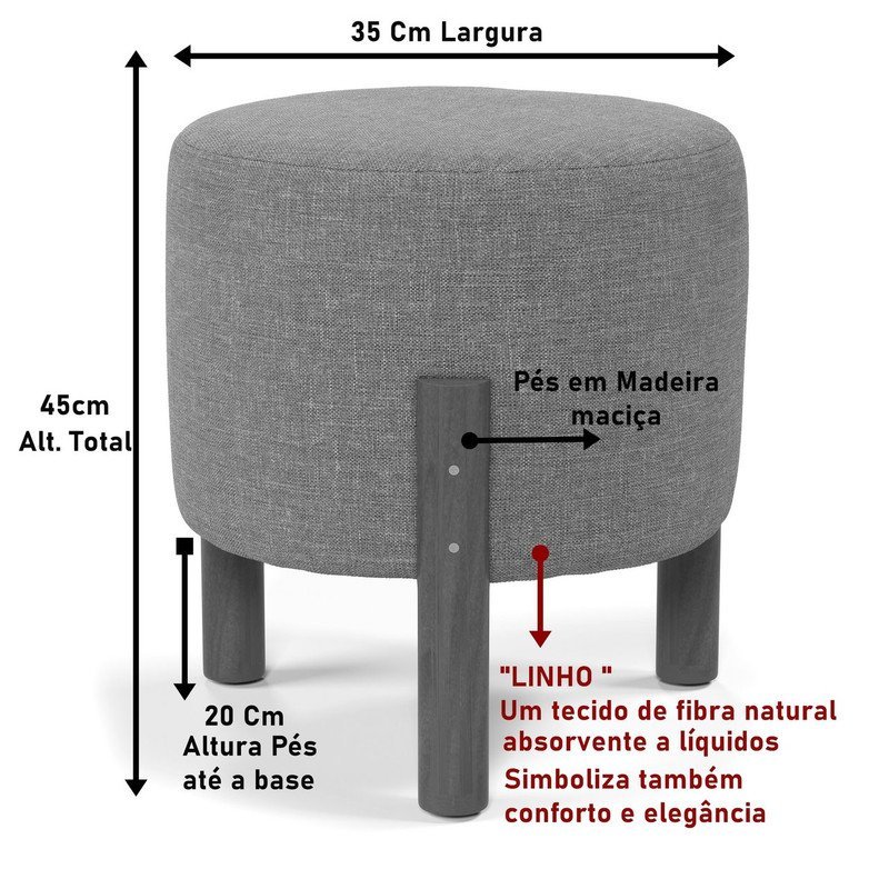 Kit 2 Puff Banqueta Banquinho Redondo Em Linho Cinza a Thor Pés de ...