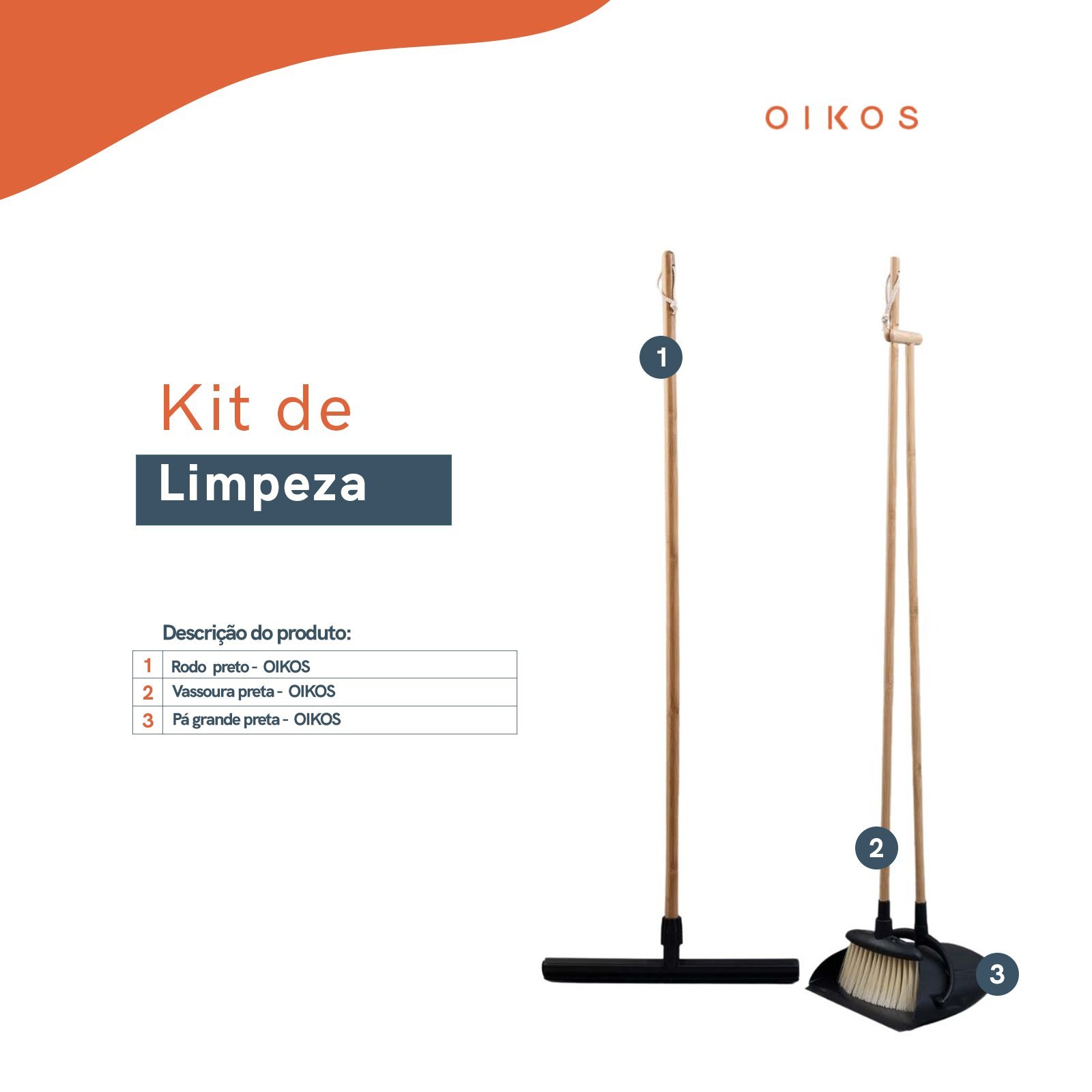 Kit vassoura, rodo e pá preto - Oikos | MadeiraMadeira