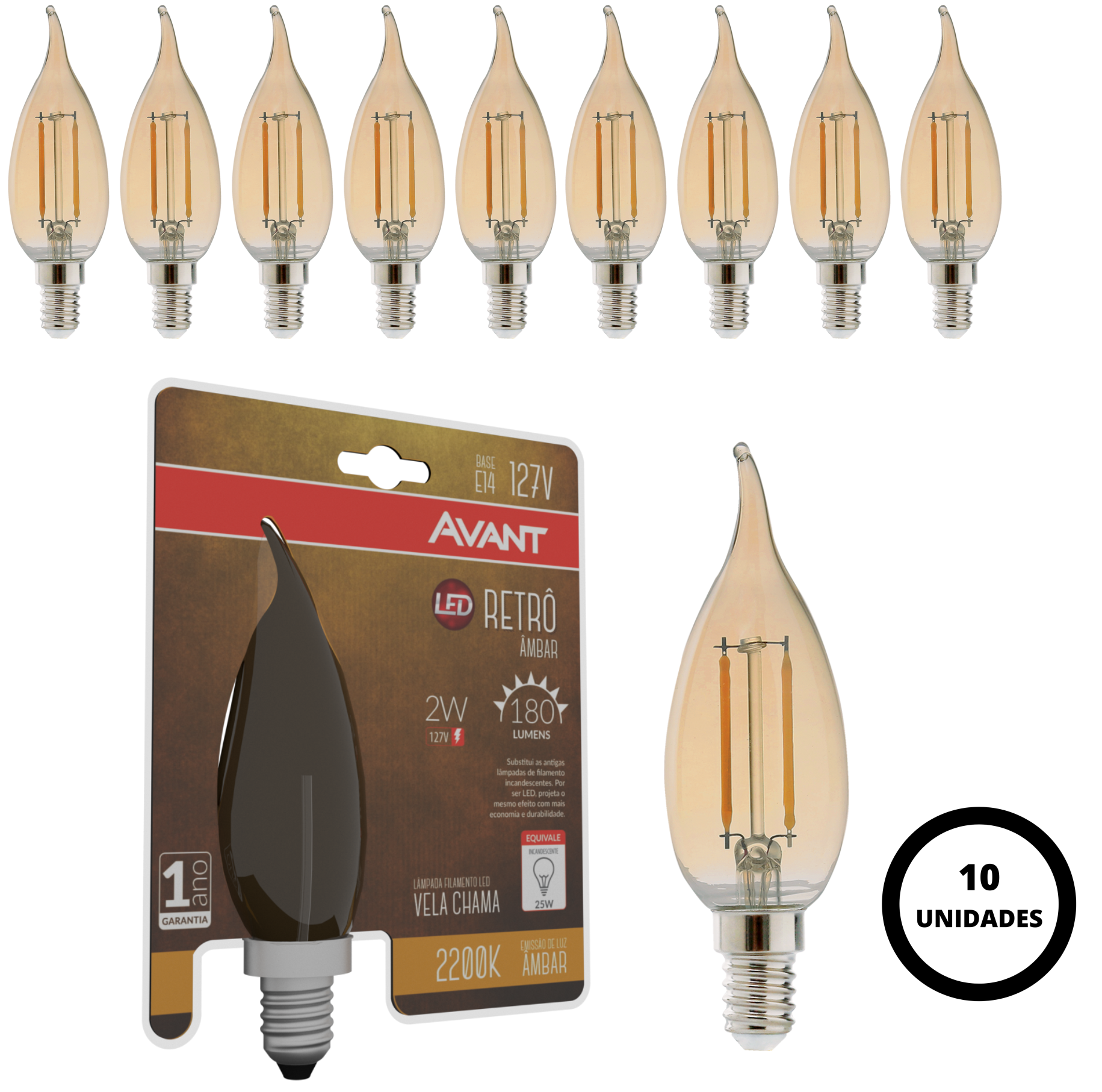Kit 10 Lâmpada Led RETRÔ Vela Chama E14 2W AMBAR 2200K 127V ...