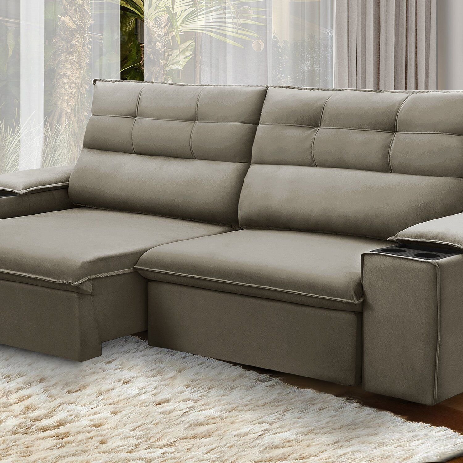 Sofá Retrátil e Reclinável Vannes 225cm com Porta Copos e Objetos | MadeiraMadeira