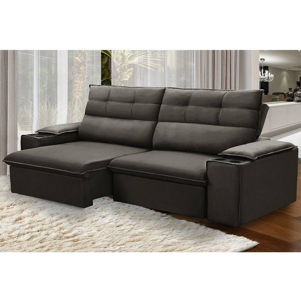 Sofá Retrátil e Reclinável Vannes 245cm com Porta Copos e Objetos | MadeiraMadeira