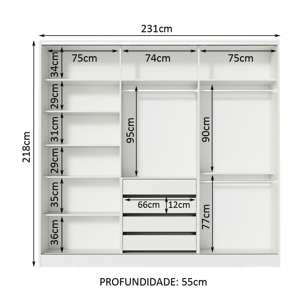 Guarda-Roupa Casal 100% MDF Madesa Royale 3 Portas de Correr Branco ...