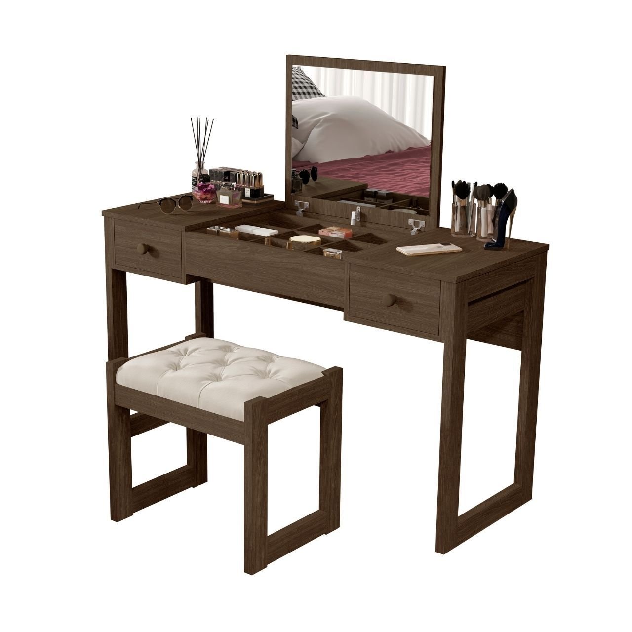 Escrivaninha Penteadeira com Espelho e Banqueta Luanda Fenix:legno | MadeiraMadeira