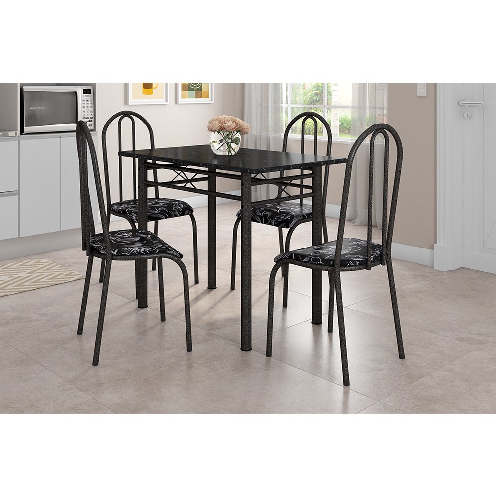 Mesa Retangular com 4 Cadeiras Preta Craqueada Genebra Fabone 75x60x100 | MadeiraMadeira