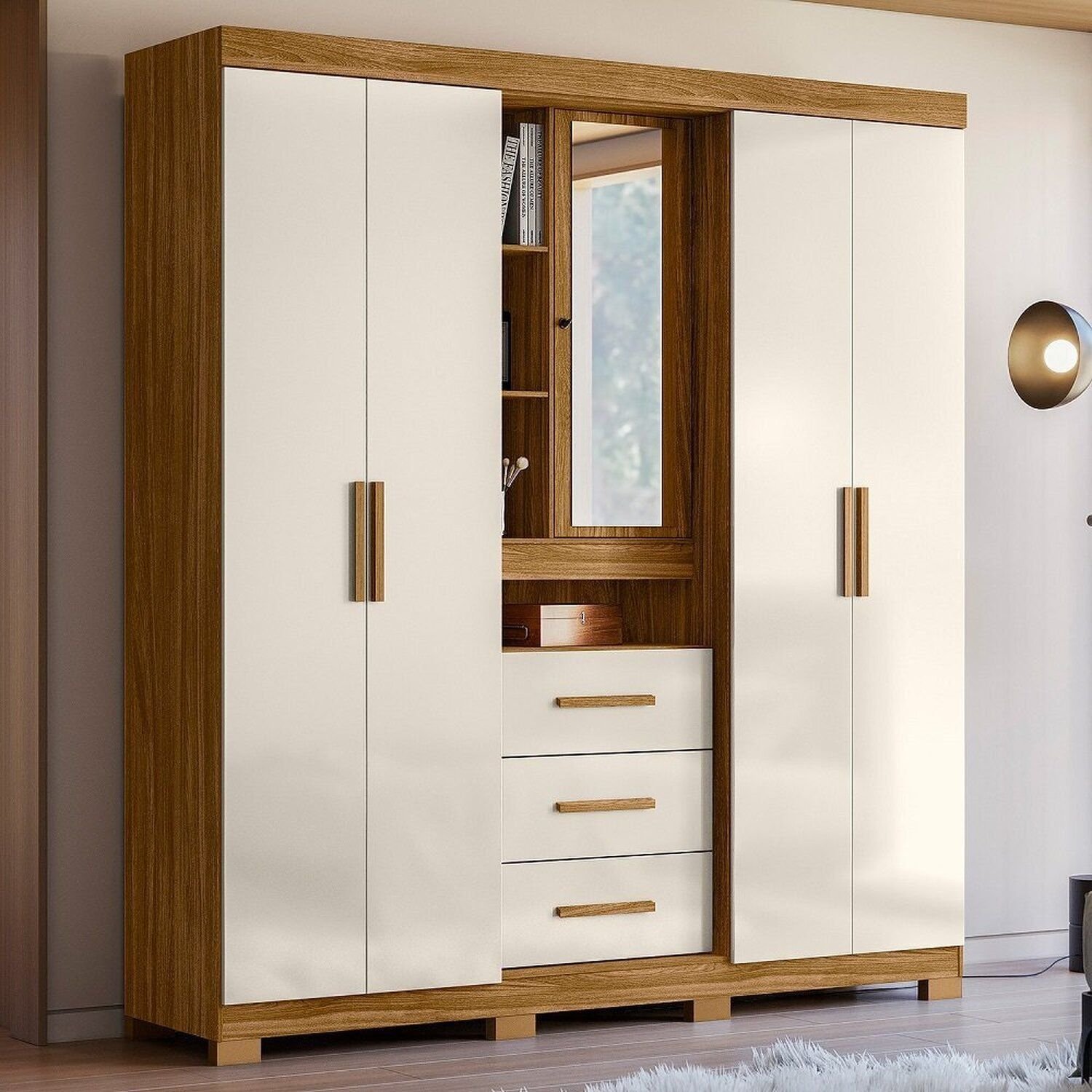 Guarda-roupa Casal com Espelho 5 Portas 3 Gavetas 4 Nichos e Pés ...