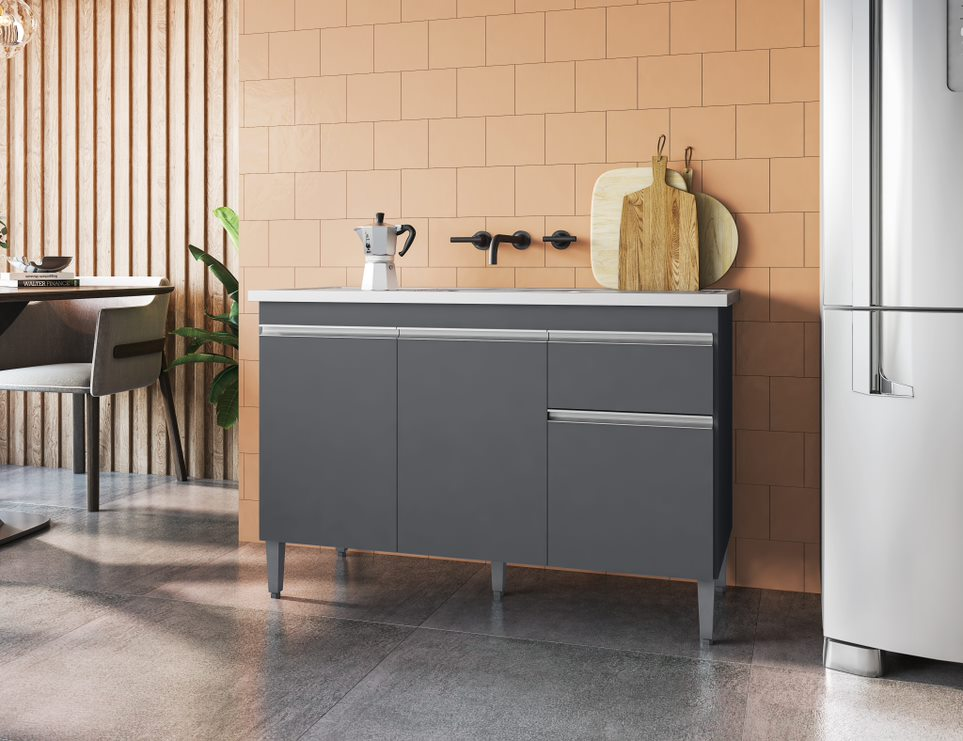 Balcão de Cozinha 120cm Tatiane 3 Portas 1 Gaveta sem tampo Cor Cinza - AJL | MadeiraMadeira