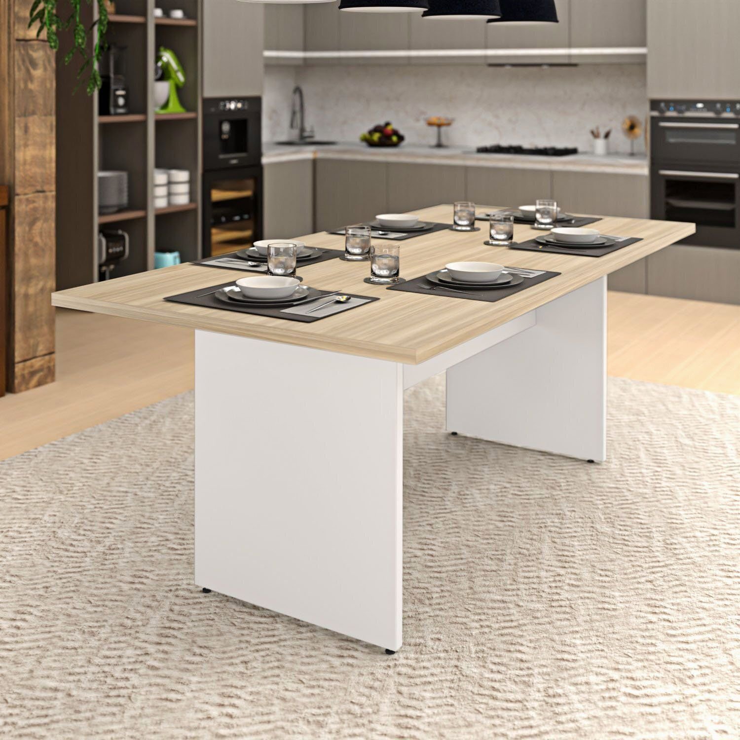 Mesa de Jantar 6 Lugares Cozinha 200x100cm MDP Bege/Carvalho/Branco ...