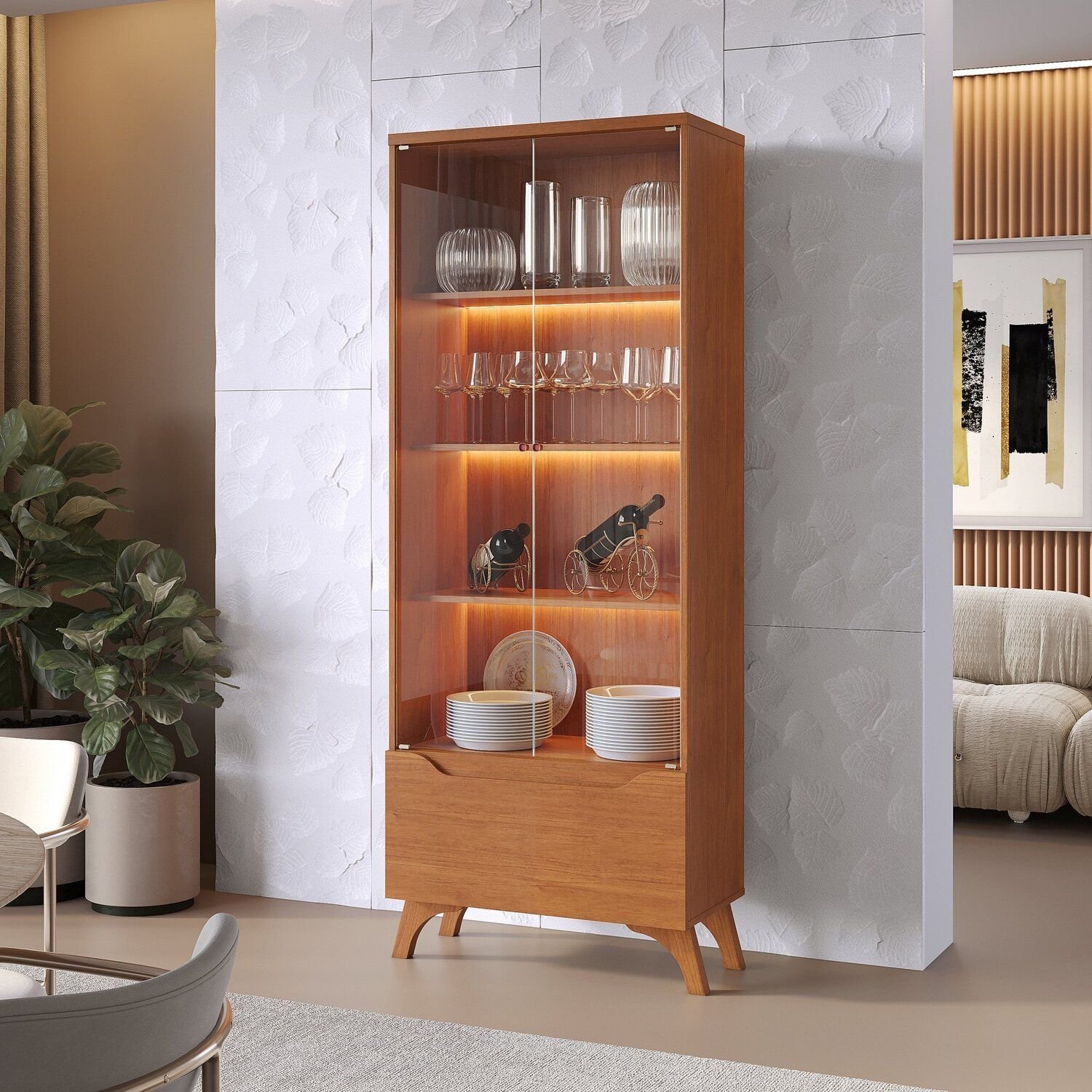 Cristaleira 2 Portas 1 Gaveta 3 Prateleiras com Led Pés em Madeira ...