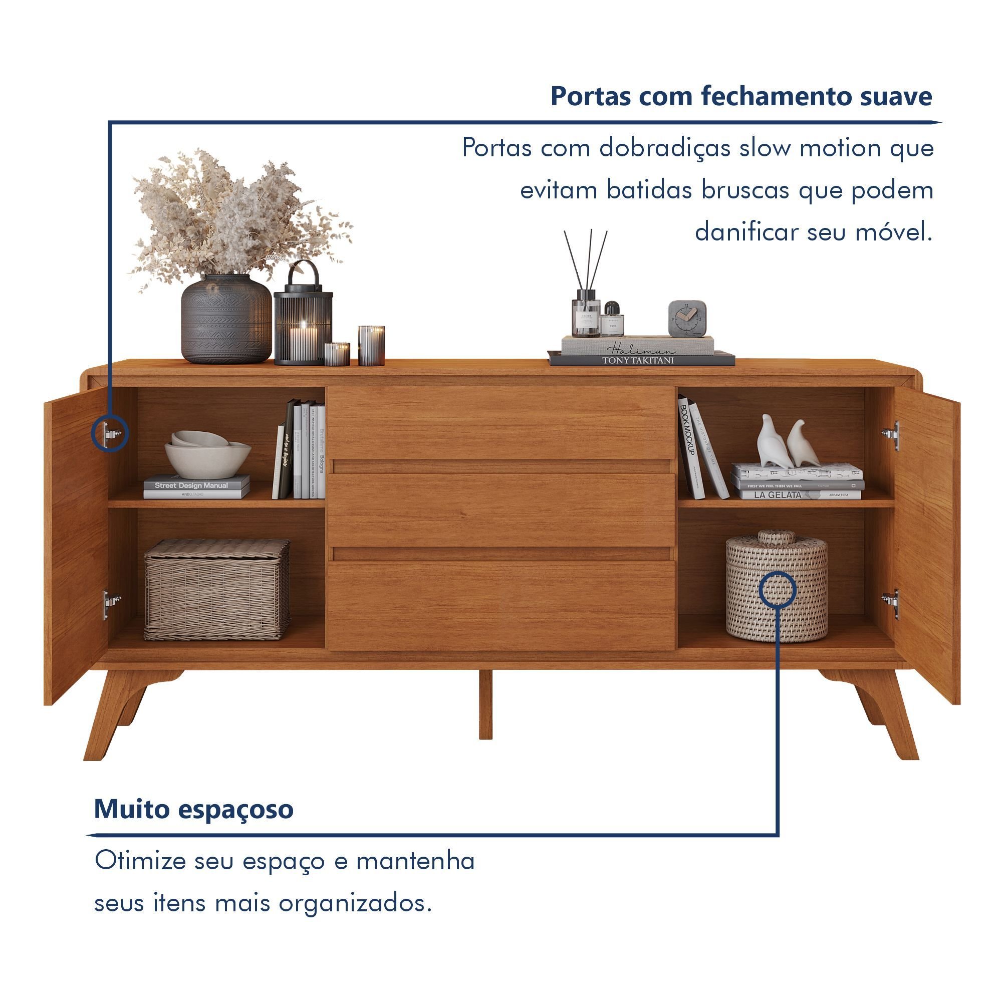 Buffet 2 Portas 3 Gavetas 165cm Pés em Madeira Maciça Ares | MadeiraMadeira