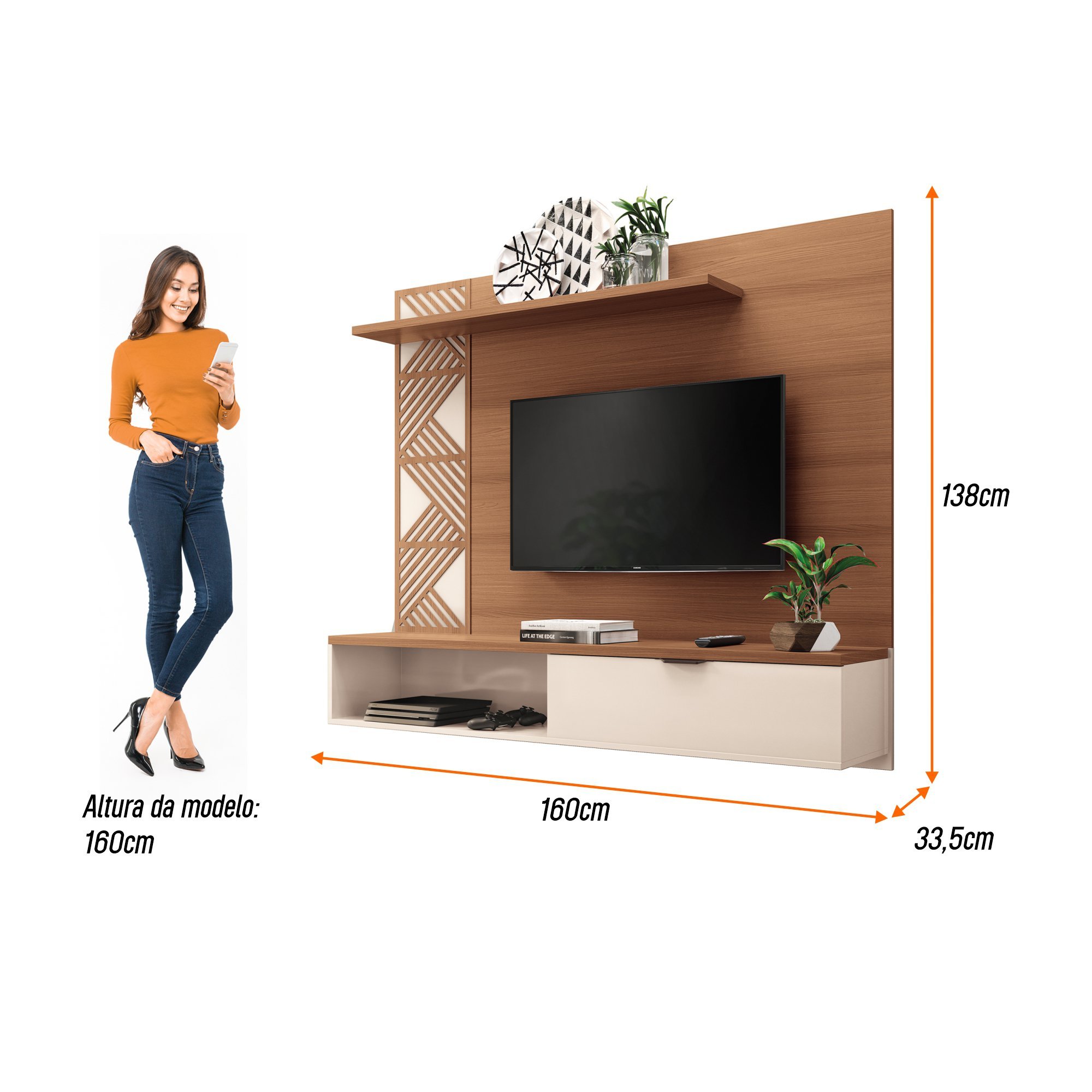 Painel Suspenso 1,60m Grid para TV 50" Cor Nature e Off White HB Móveis ...