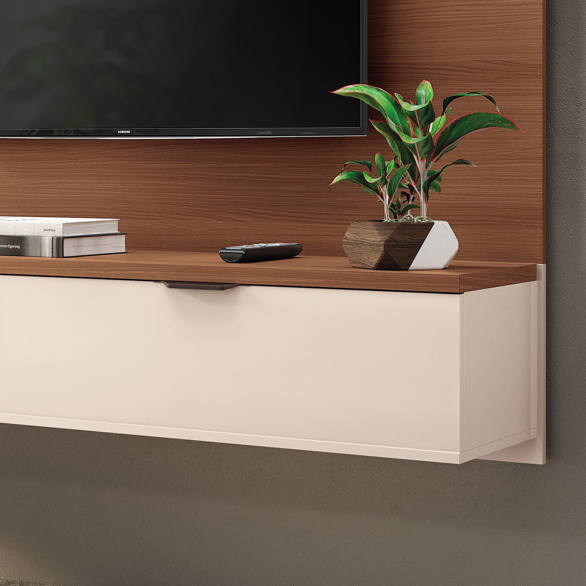 Painel Suspenso 1,60m Grid para TV 50" Cor Nature e Off White HB Móveis ...