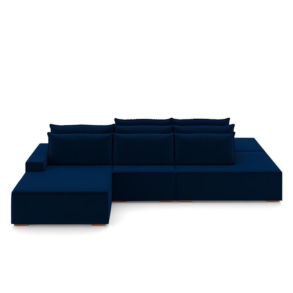Sofá Ilha Encosto e Almofadas Delta 355cm Modulado Chase e Puffs Veludo Azul Marinho G52 Gran ...