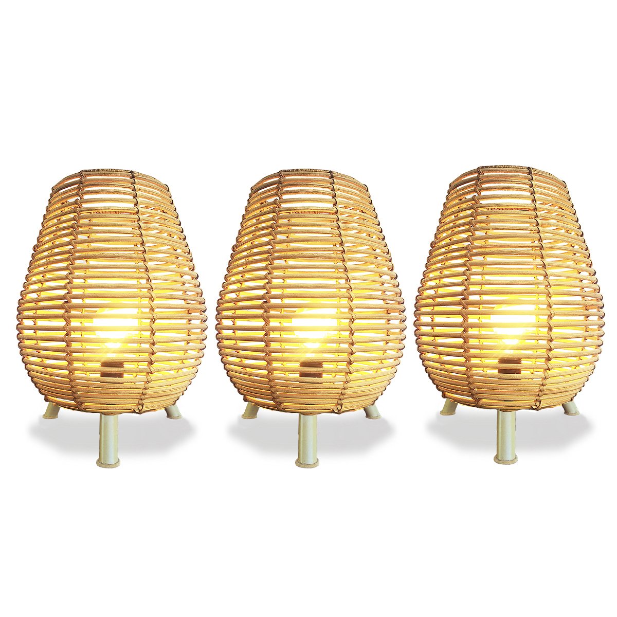3 Abajur Rattan Lanterna Fibra Natural Boho Mesa Salanat68 | MadeiraMadeira