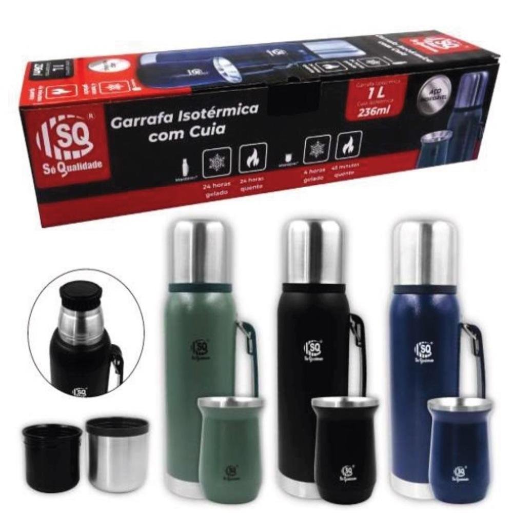 KIT GARRAFAS TERMICA ESTILO STANLEY CHIMARRAO TERERE 1 LITRO ISOTERMICA 24 HORAS PRETO ...