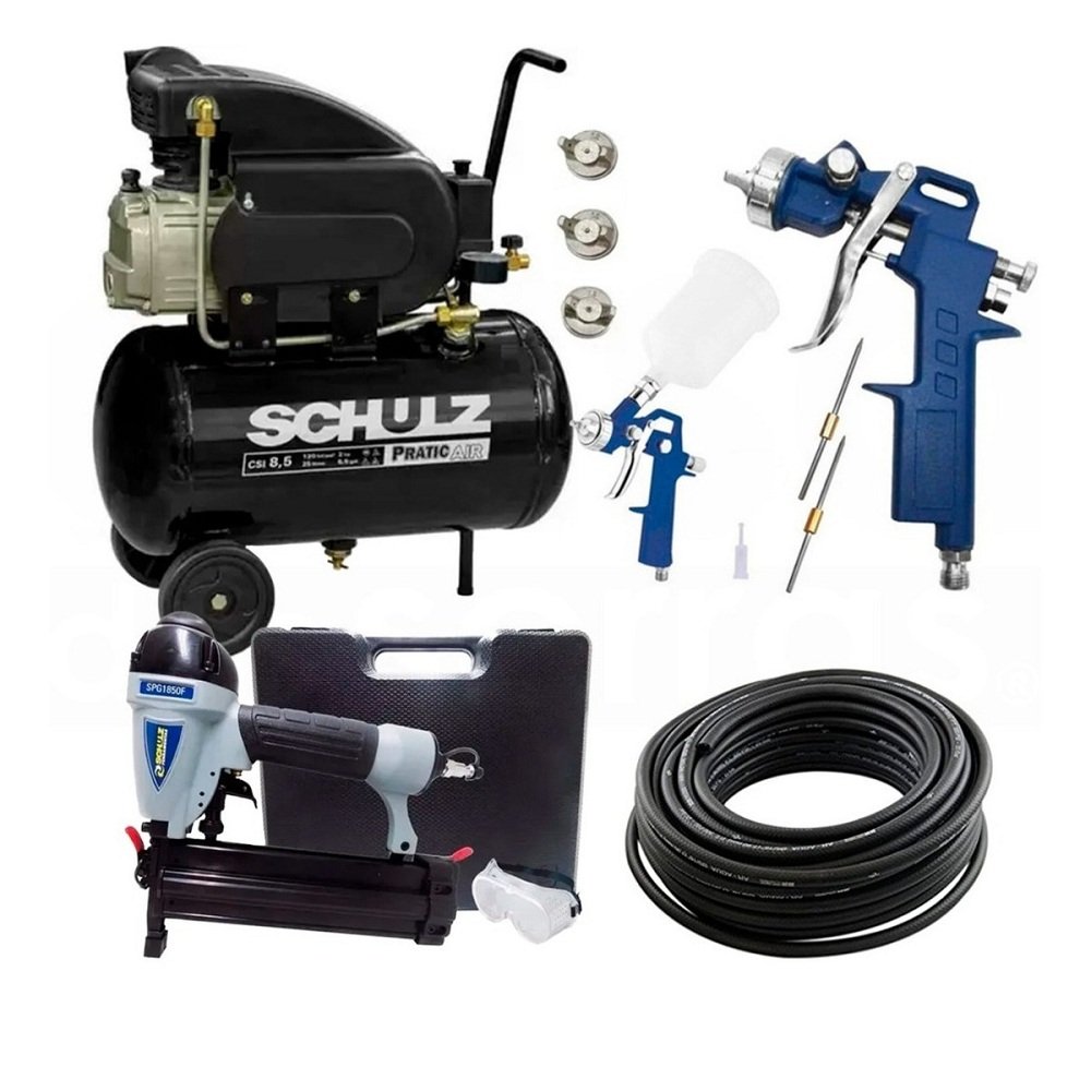 COMPRESSOR AR 8,5PÉS PRATIC CSI 25L + KIT COMPLETO SCHULZ | MadeiraMadeira