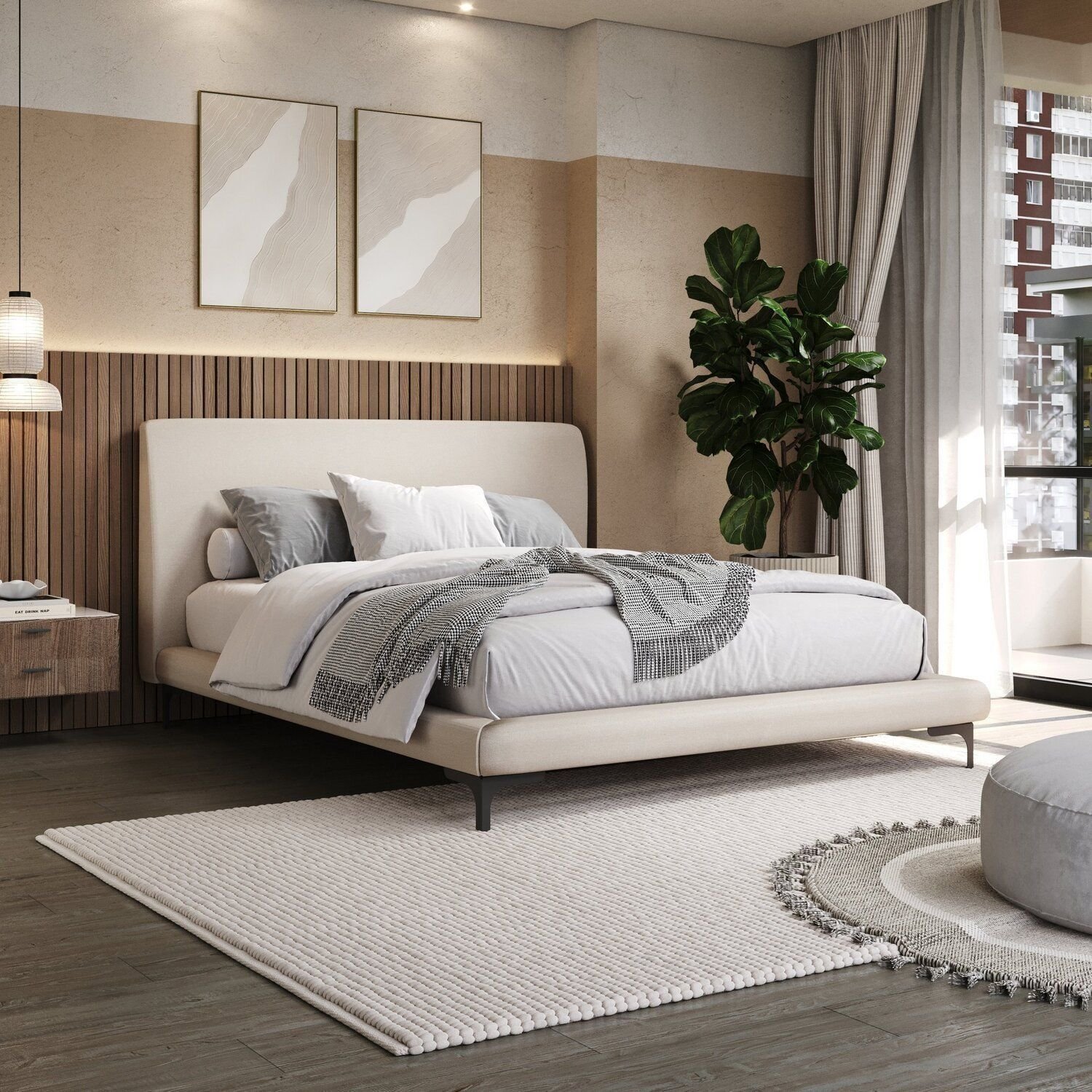 Cama King Estofada Linho com Cabeceira Star Bege | MadeiraMadeira