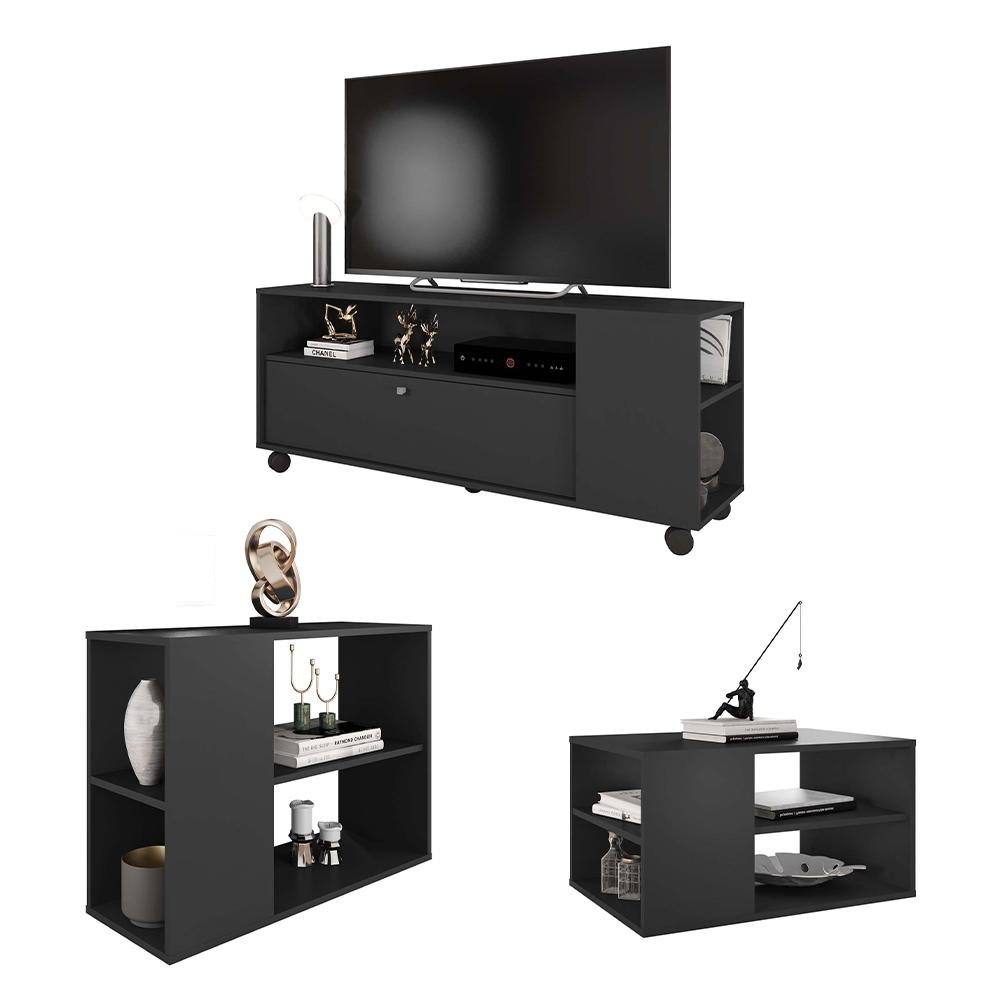Conjunto Kit Sala De Estar Rack Mesas Opala Preto Caemmun | MadeiraMadeira
