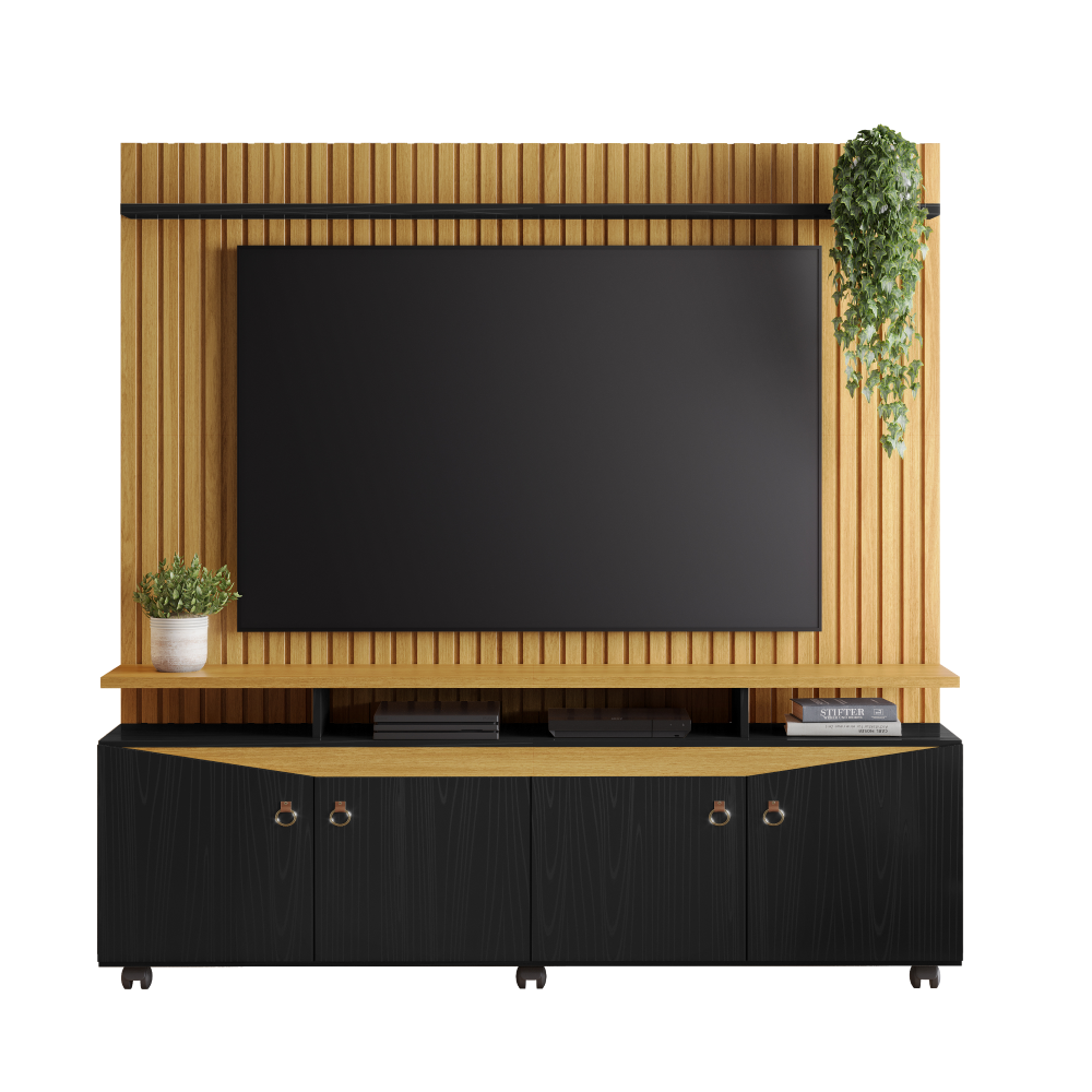 Estante Home Mdp e Mdf Ripado para Tv até 65 Polegadas Nature e Preto | MadeiraMadeira