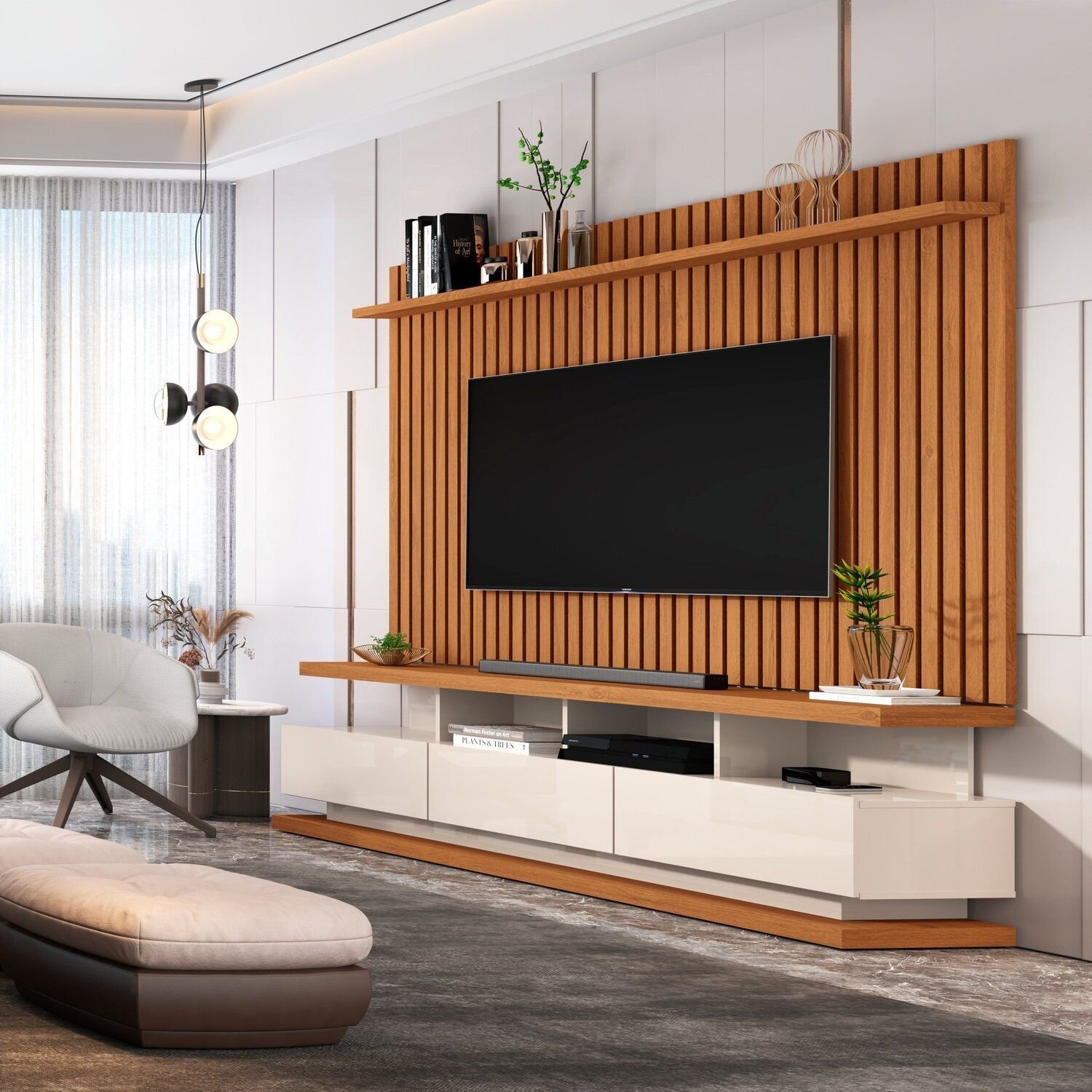 Rack com Painel Ripado para TV até 72 Polegadas 3 Gavetas e Pés com ...