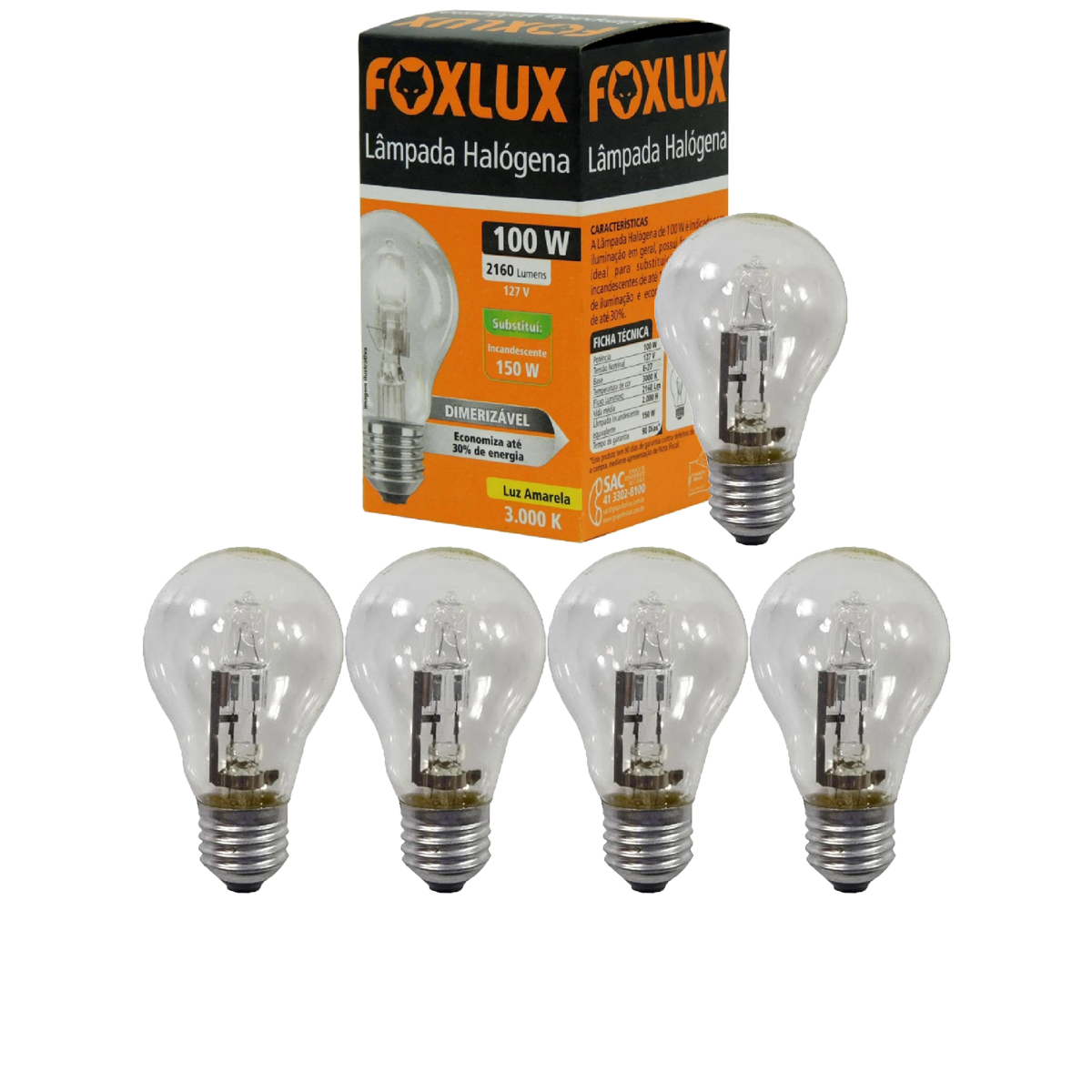 Kit 5 Lampada Halogena Classica 100w 127v Foxlux | MadeiraMadeira
