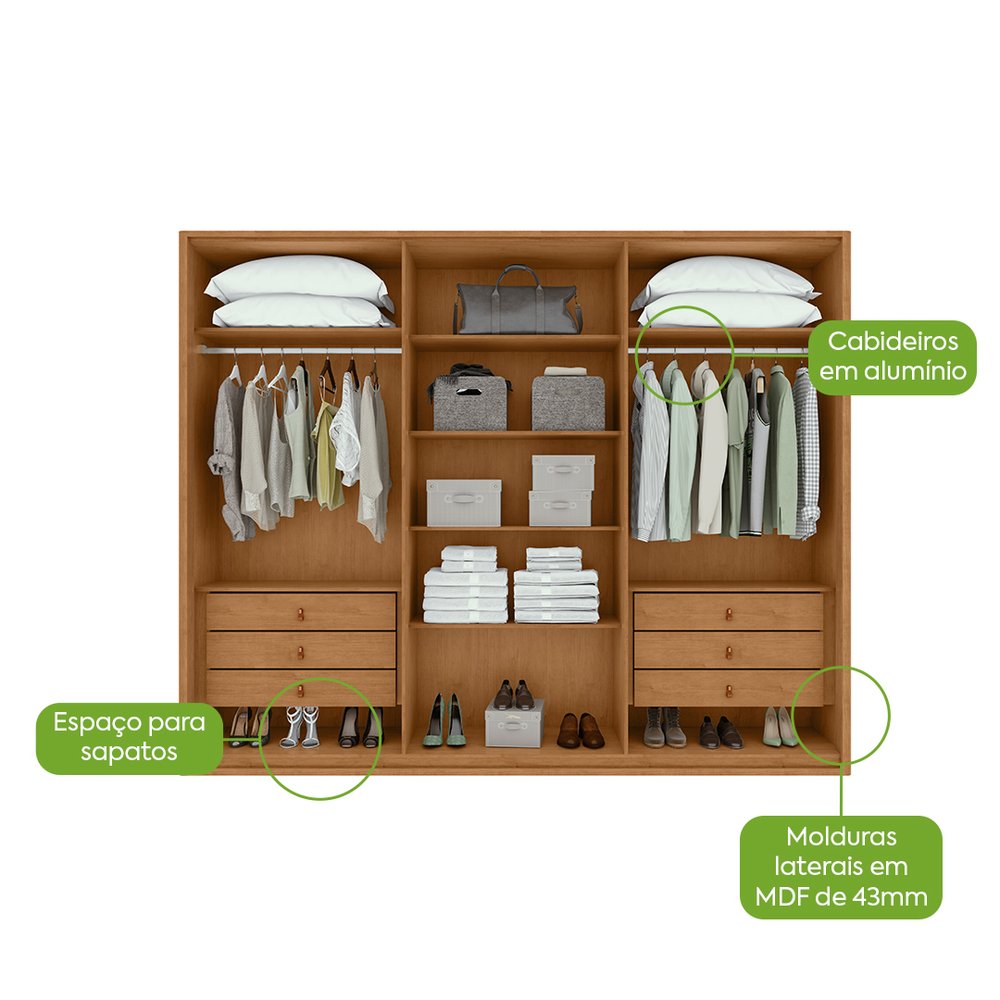 Guarda-roupas Casal Leder 6 Portas com Pés sem Espelho - Lopas Amendoa ...