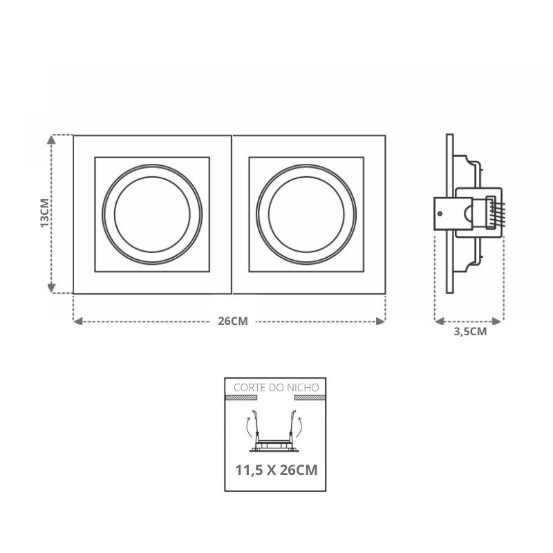 Spot de Embutir Quadrado Recuado Duplo Par 20 Direcionável Preto | MadeiraMadeira