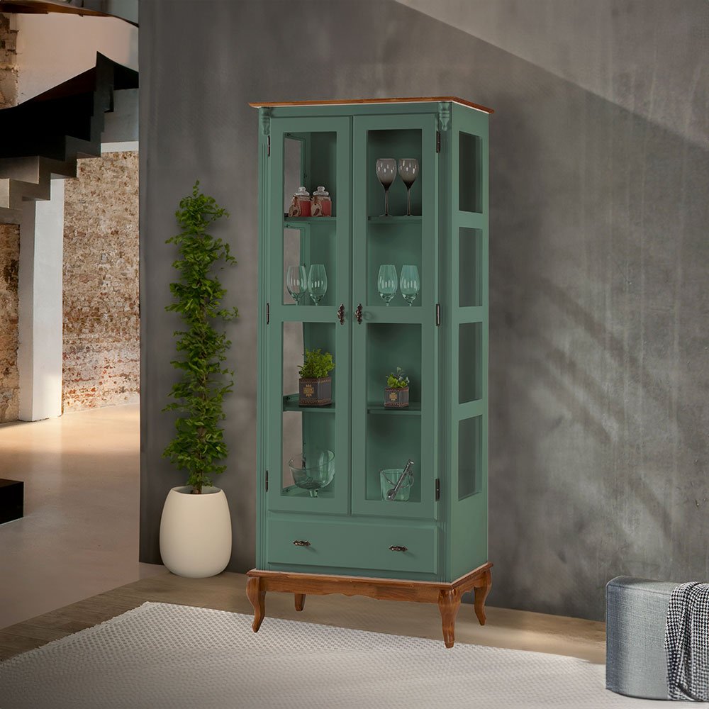 Cristaleira 2 Portas Laterais em Vidros 3 Prateleiras 1 Gaveta 60303 Linz Móveis -verde Musgo ...