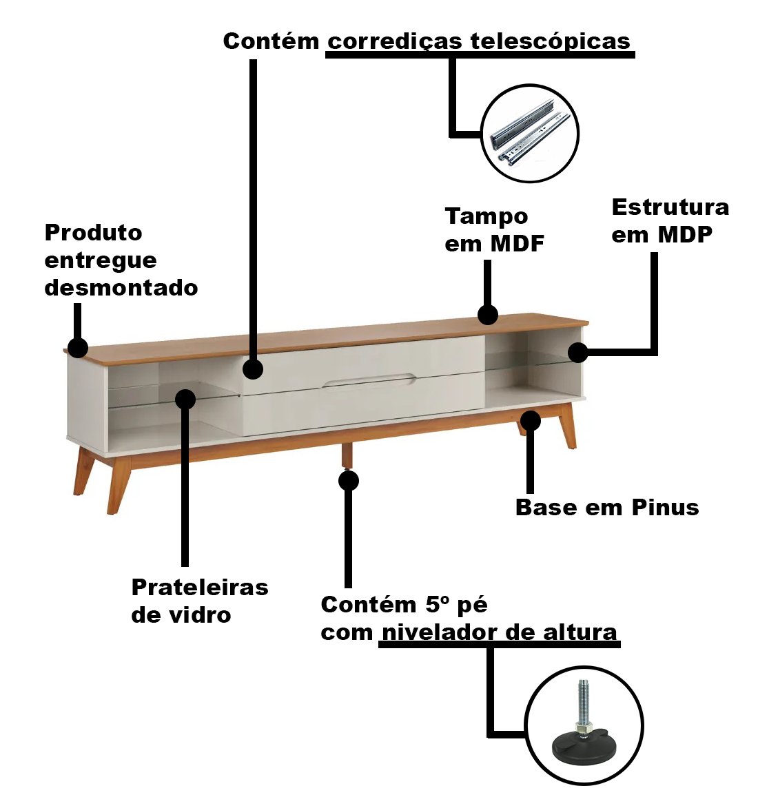 Rack para TV até 75 Polegadas Off White com Amêndoa Limit 218cm ...