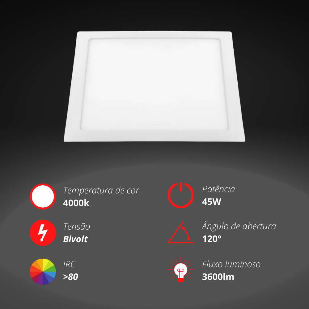Painel Plafon LED 45W Quadrado Embutir 4000K Bivolt 60x60cm ...