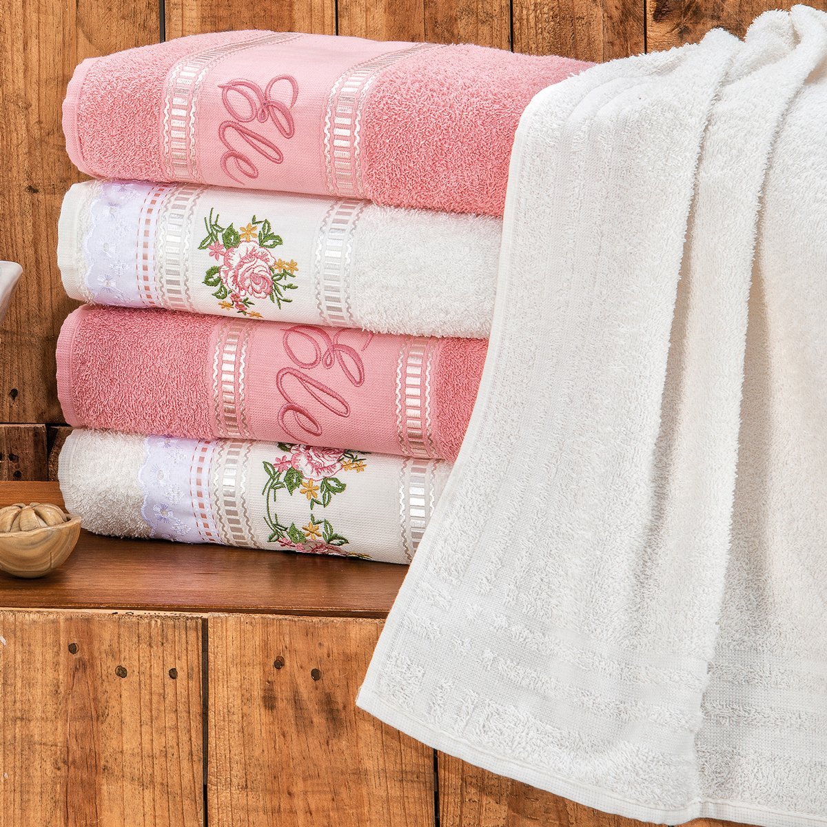 Kit Jogo de Toalha de Banho e de Rosto 5 Peças 100% Algodão Bordado ...
